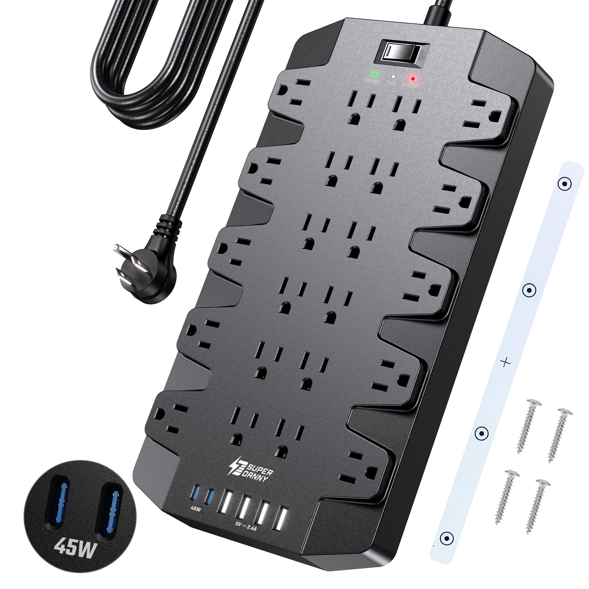 SUPERDANNY Power Strip Surge Protector with 10ft Extension Cord - 22 ...