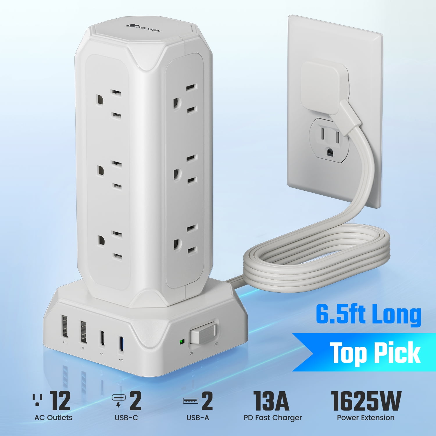 SUPERDANNY USB-C Power Strip, Surge Protector, 22 AC & 6 USB Ports, 6 ...