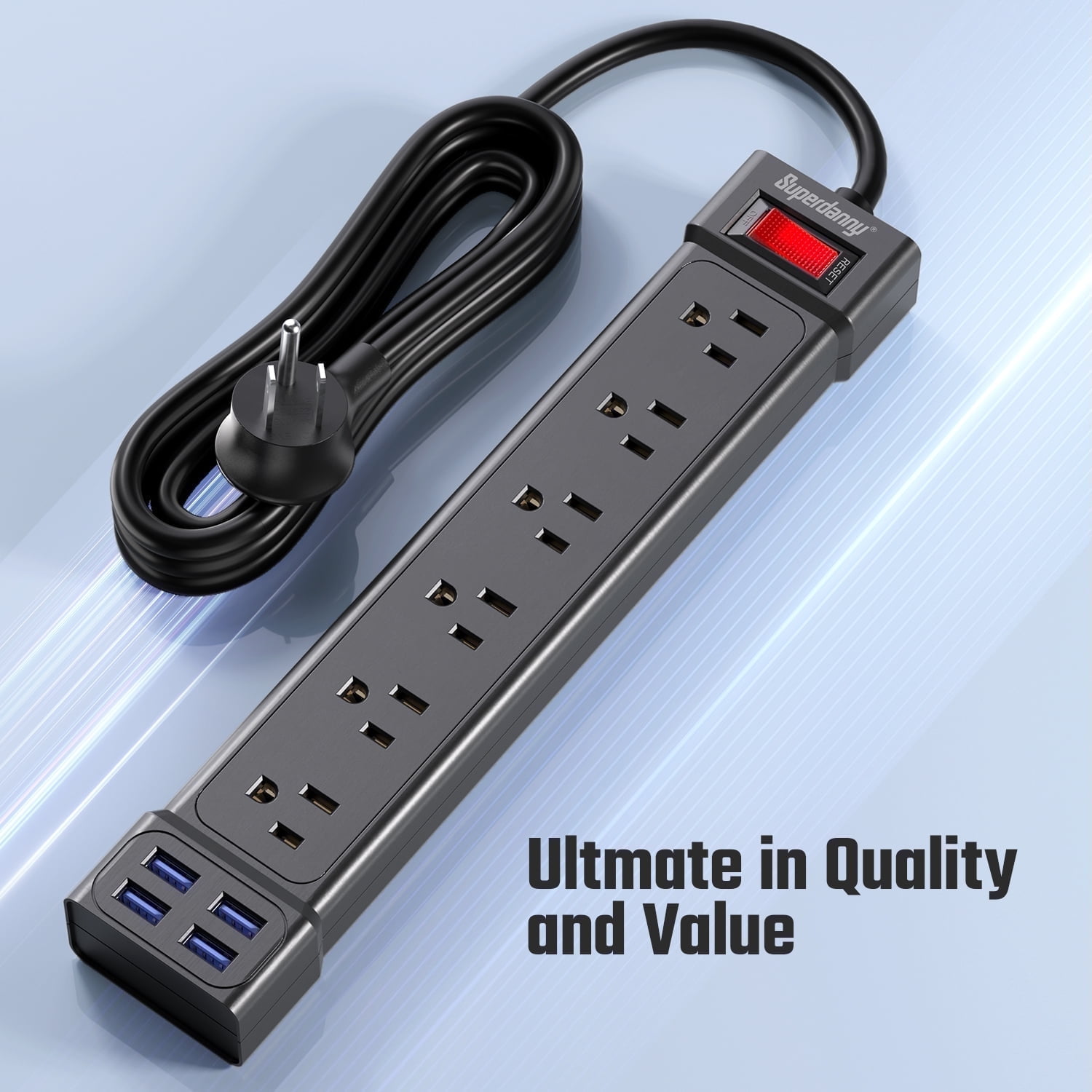 Superdanny Surge Protector Power Strip, 6 AC Outlets Extender, 4 USB ...