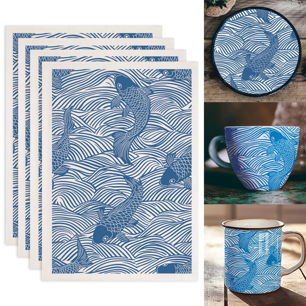 SUPERDANT 4PCS Fish and ESF27 Waves Underglaze Transfers for Pottery ...
