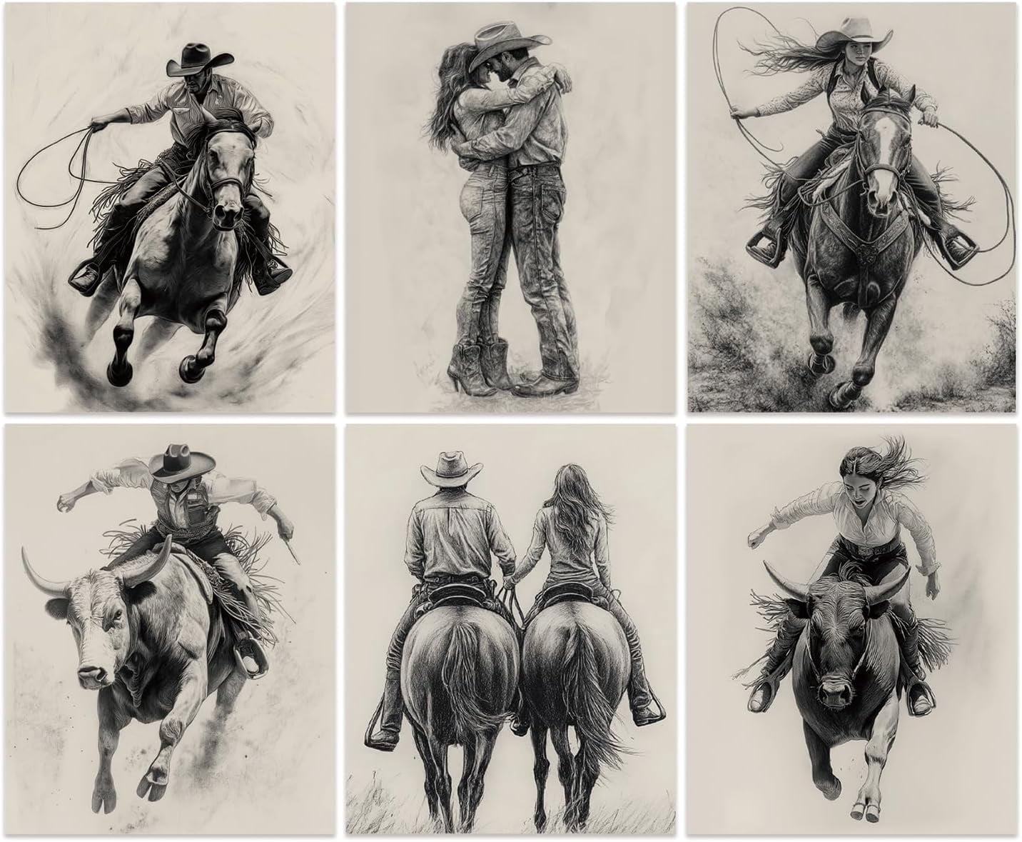 SUPERDANT6 PCS Western Sketch Scene Wall Art Poster Western Cowboy ...