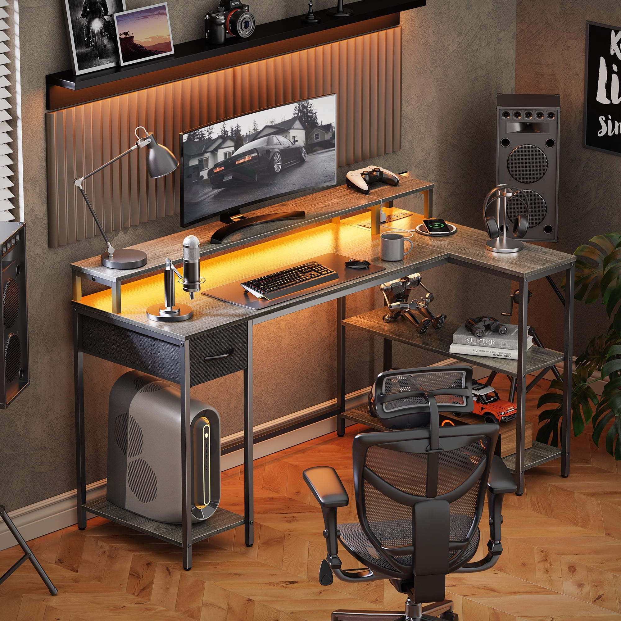 SUPERJARE 53.1" Gaming Desk, LED Computer Desk with Power Outlets, L ...