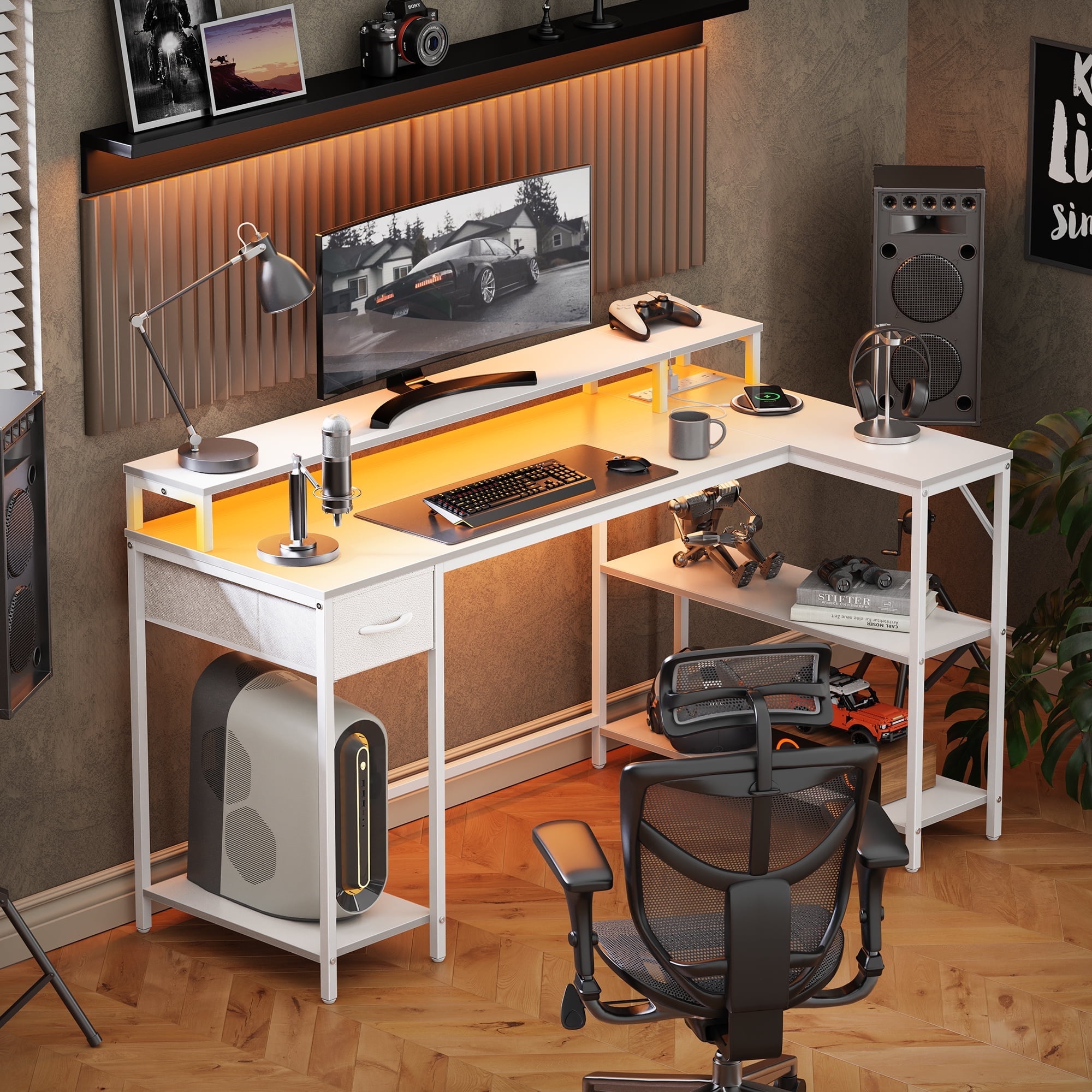 SUPERJARE 53.1" L-Shaped Gaming Desk, LED Computer Desk with Power ...