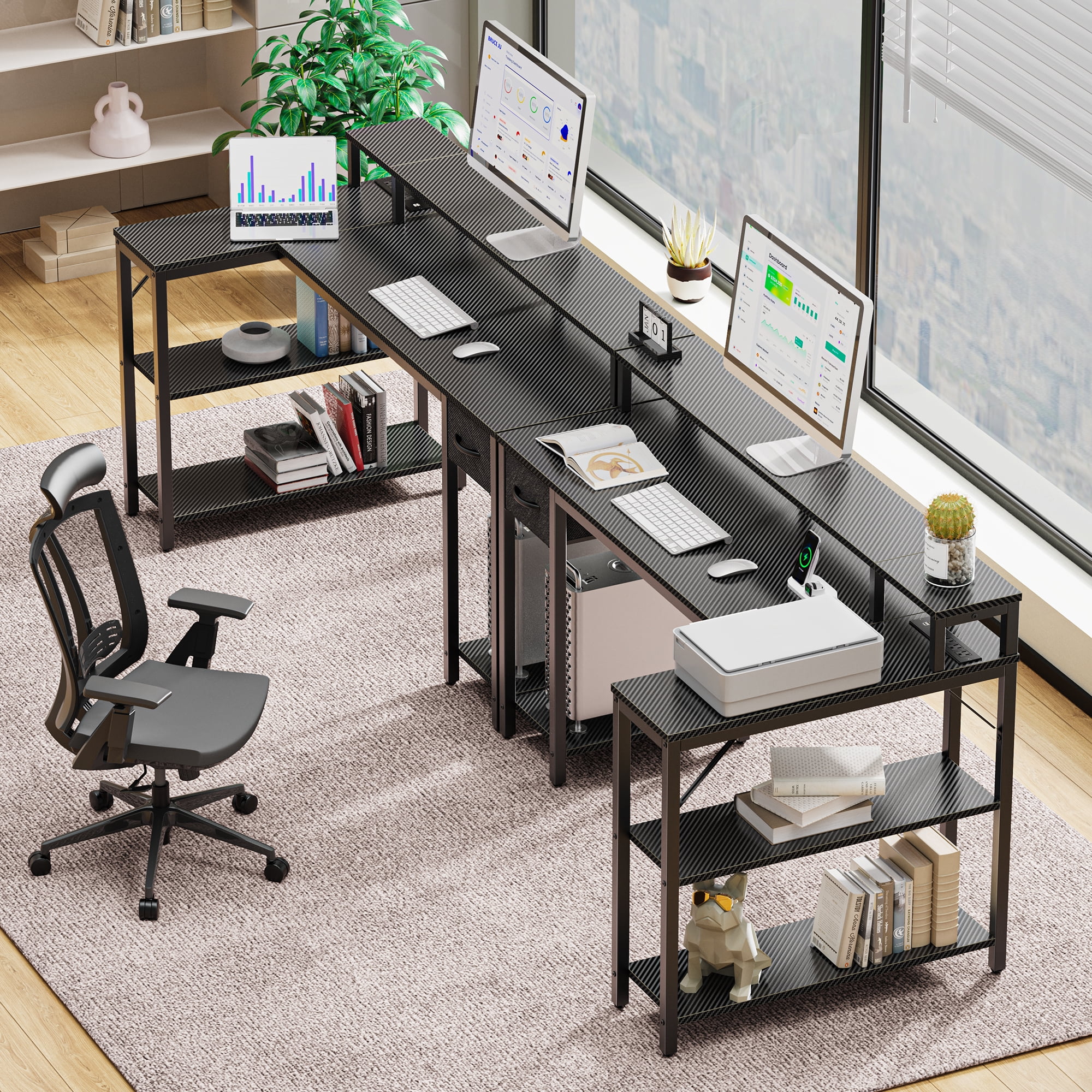 Superjare 53 Inch L Shaped Computer Desk With Led Lights And Power