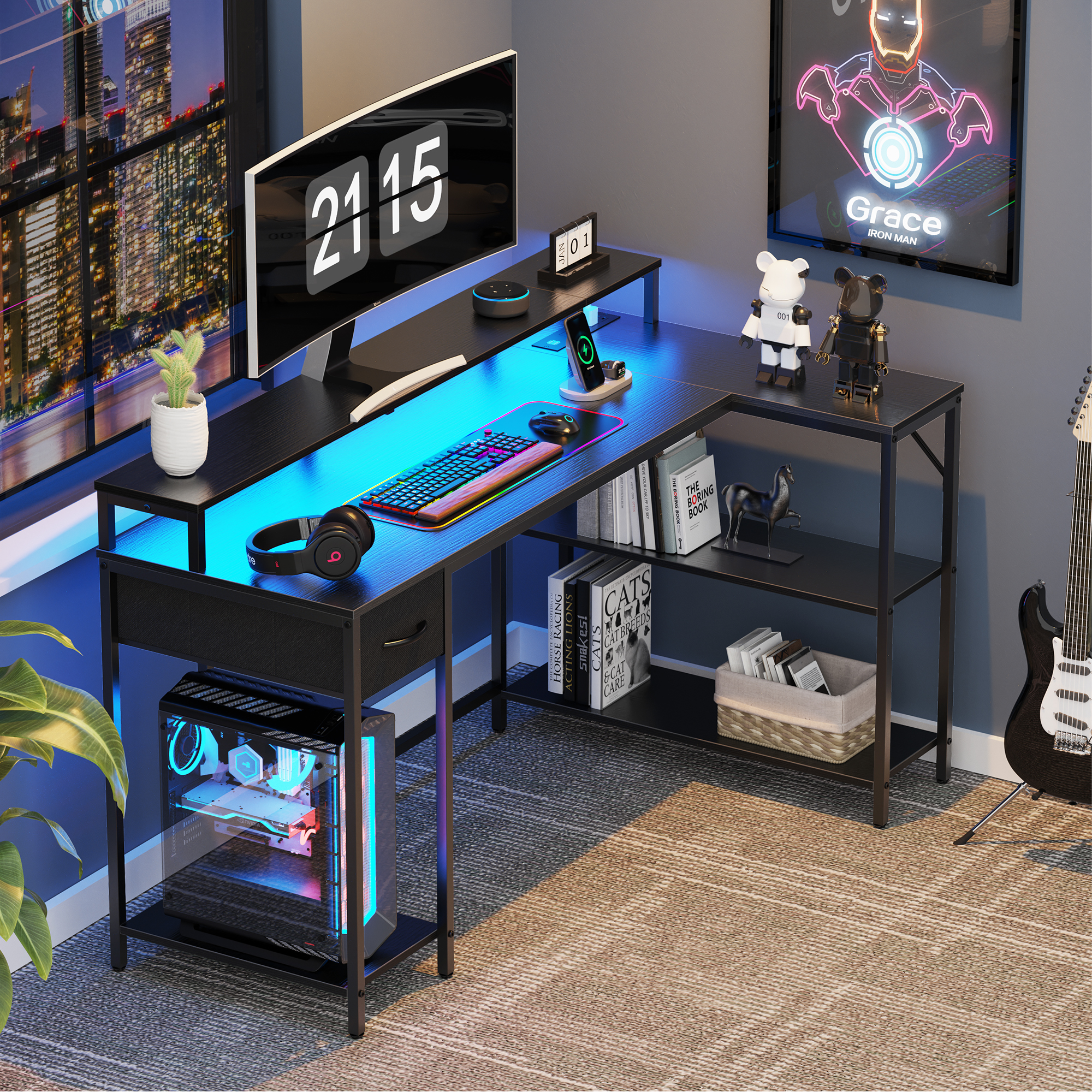 SUPERJARE 53 inch L-Shaped Computer Desk with LED Lights & Power ...