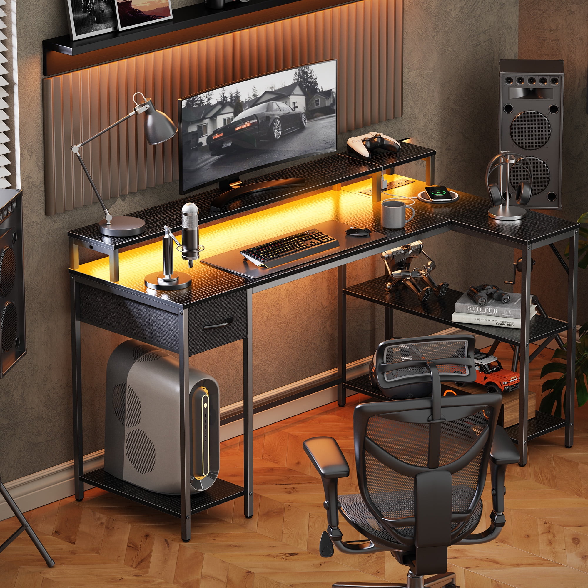 SUPERJARE 53.1" Gaming Desk, LED Computer Desk with Power Outlets, L ...