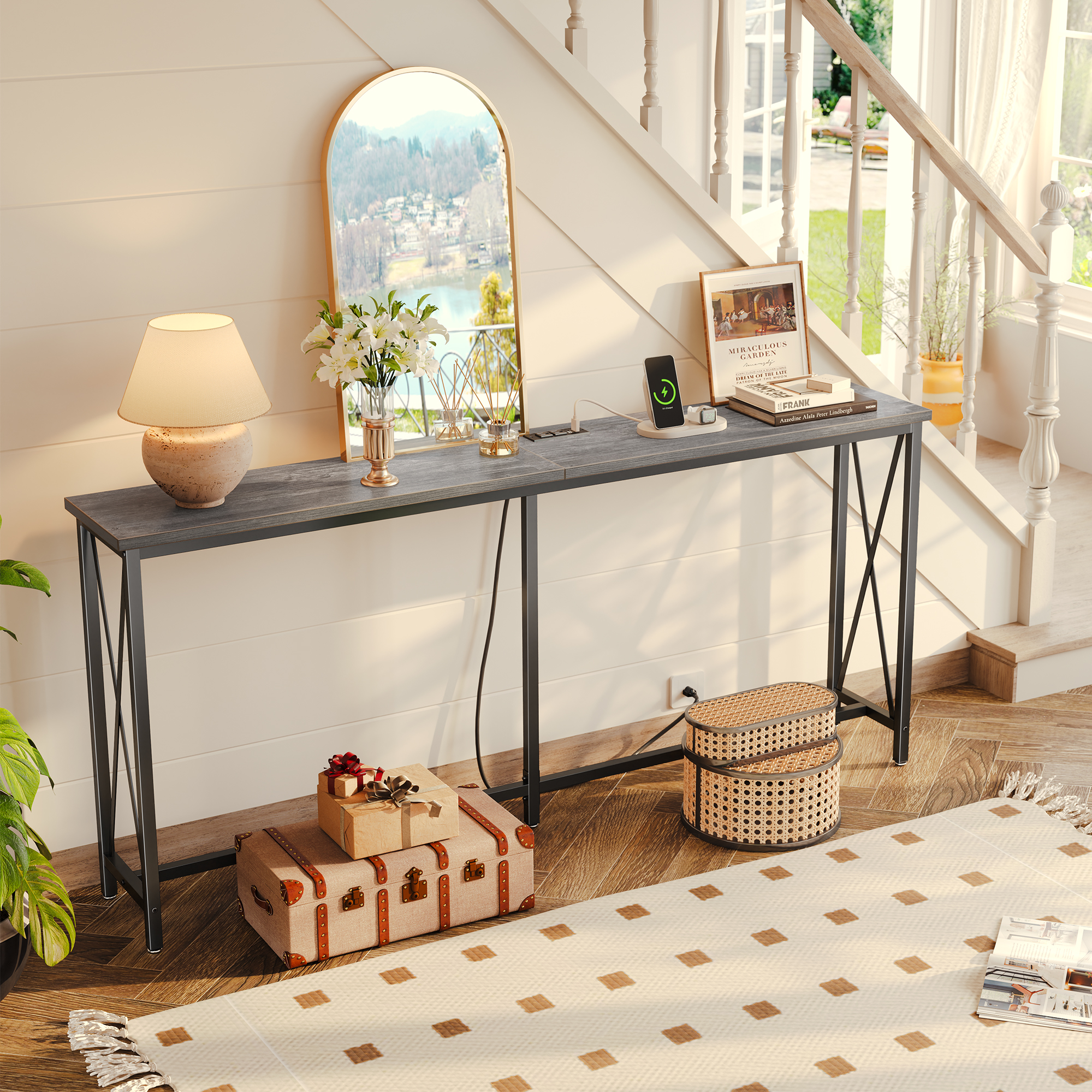 SUPERJARE 70'' Console Table with Charging Station, Entryway Table ...