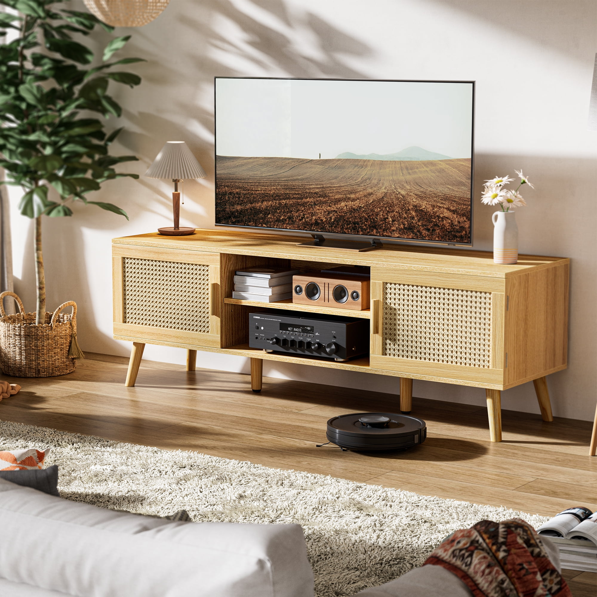 Cozy Castle Rattan TV Stand with Storage for 65/70 Inch TV, 61" in Boho ...