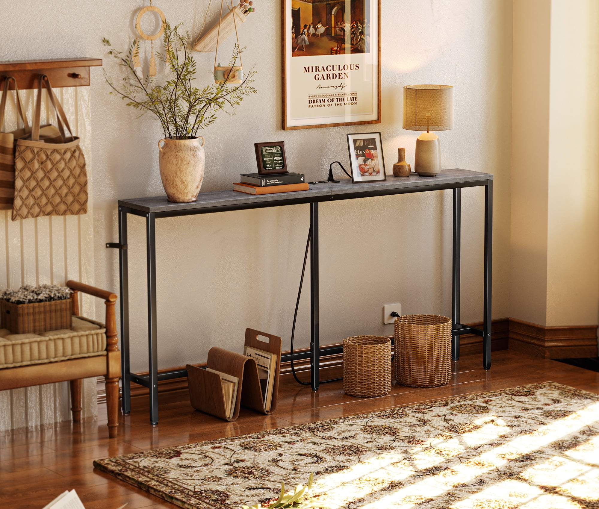 SUPERJARE Console Table with Power Outlets, 63 Inch Sofa Table, Narrow ...