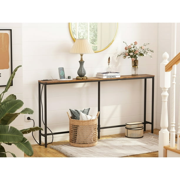 SUPERJARE Console Table with Power Outlets, 63 Inch Sofa Table, Narrow ...