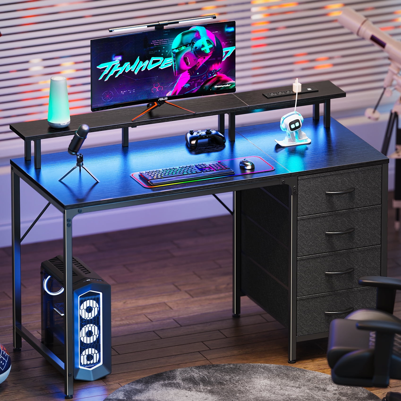 SUPERJARE Desk with Drawers, 46" Gaming Desk with LED Lights, Computer ...