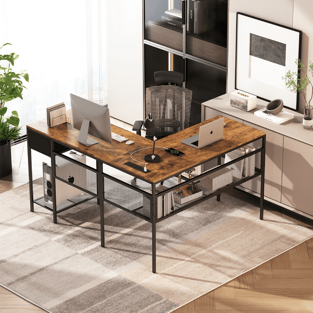 SUPERJARE L Shaped LED Desk, Reversible Computer Desk with Storage ...