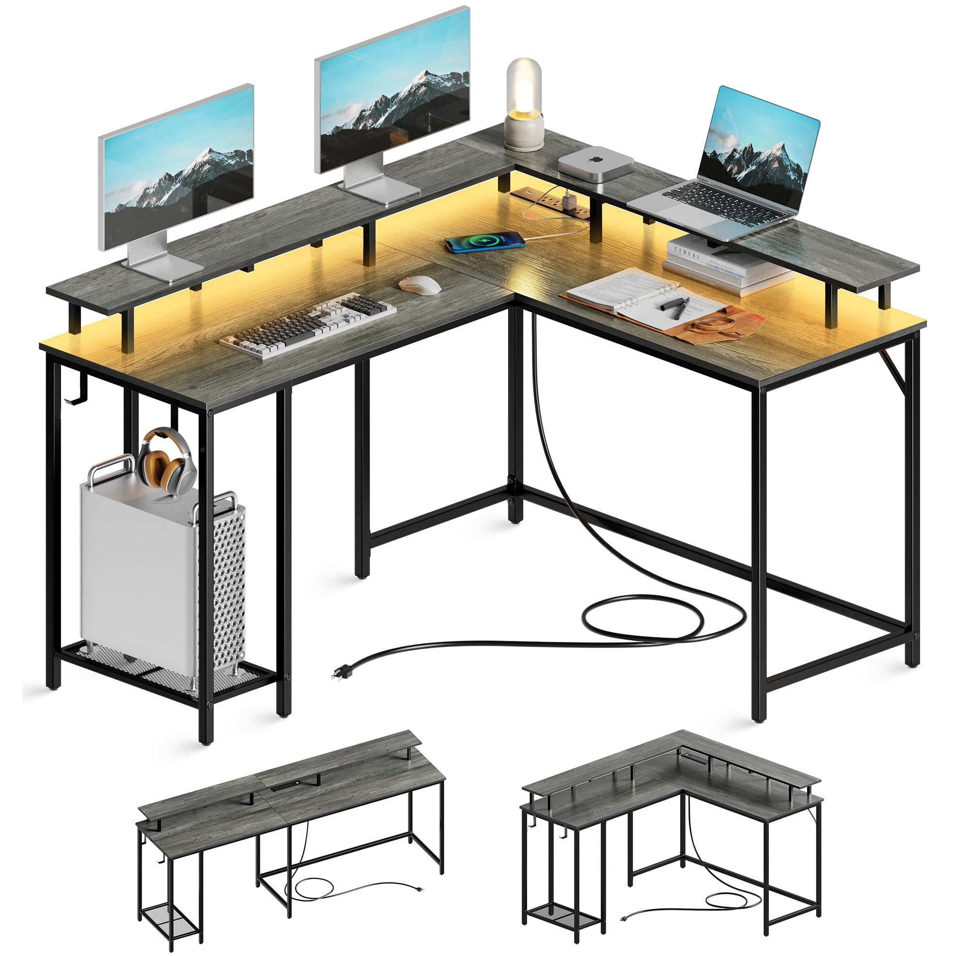 SUPERJARE RGB Gaming L Desk with Plug-in & Charging Station, LED Light ...