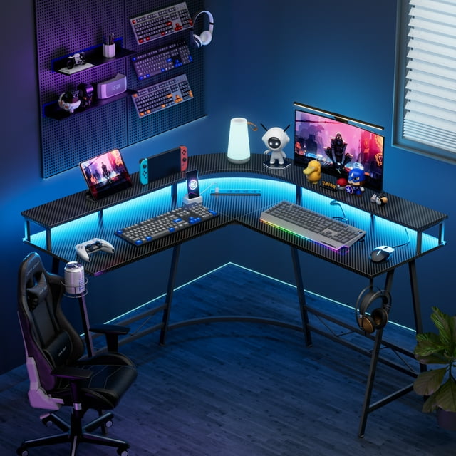 SUPERJARE L Shaped Gamer Desk with LED Lights, Power Outlets, Monitor ...