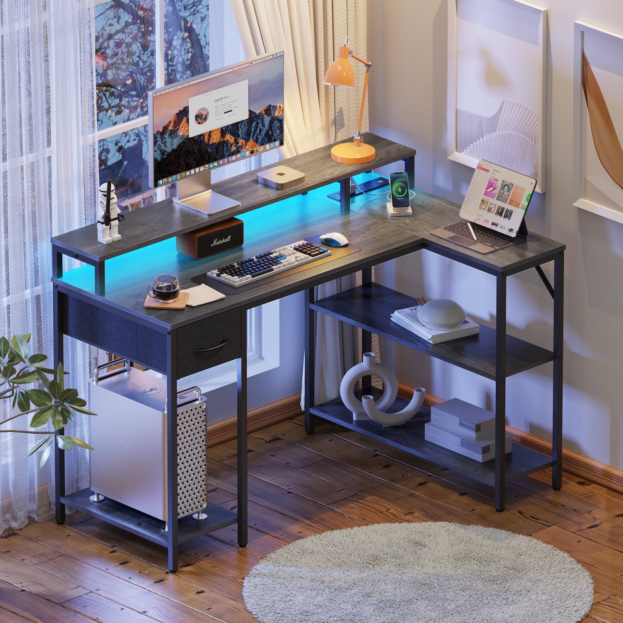 SUPERJARE L-Shaped Gaming Desk, LED Computer Desk with Power Outlets ...