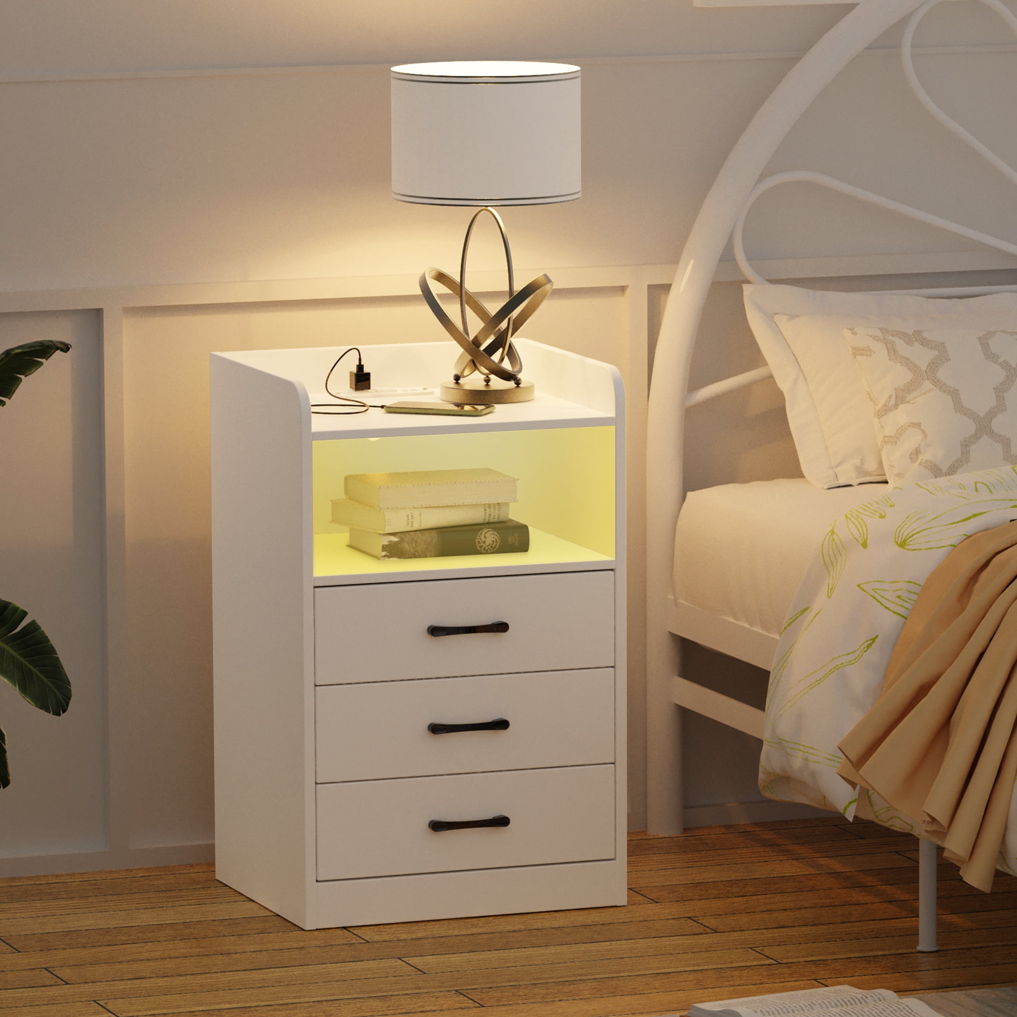 SUPERJARE Powered Bedside Table with USB Outlets & LED Light Strips ...