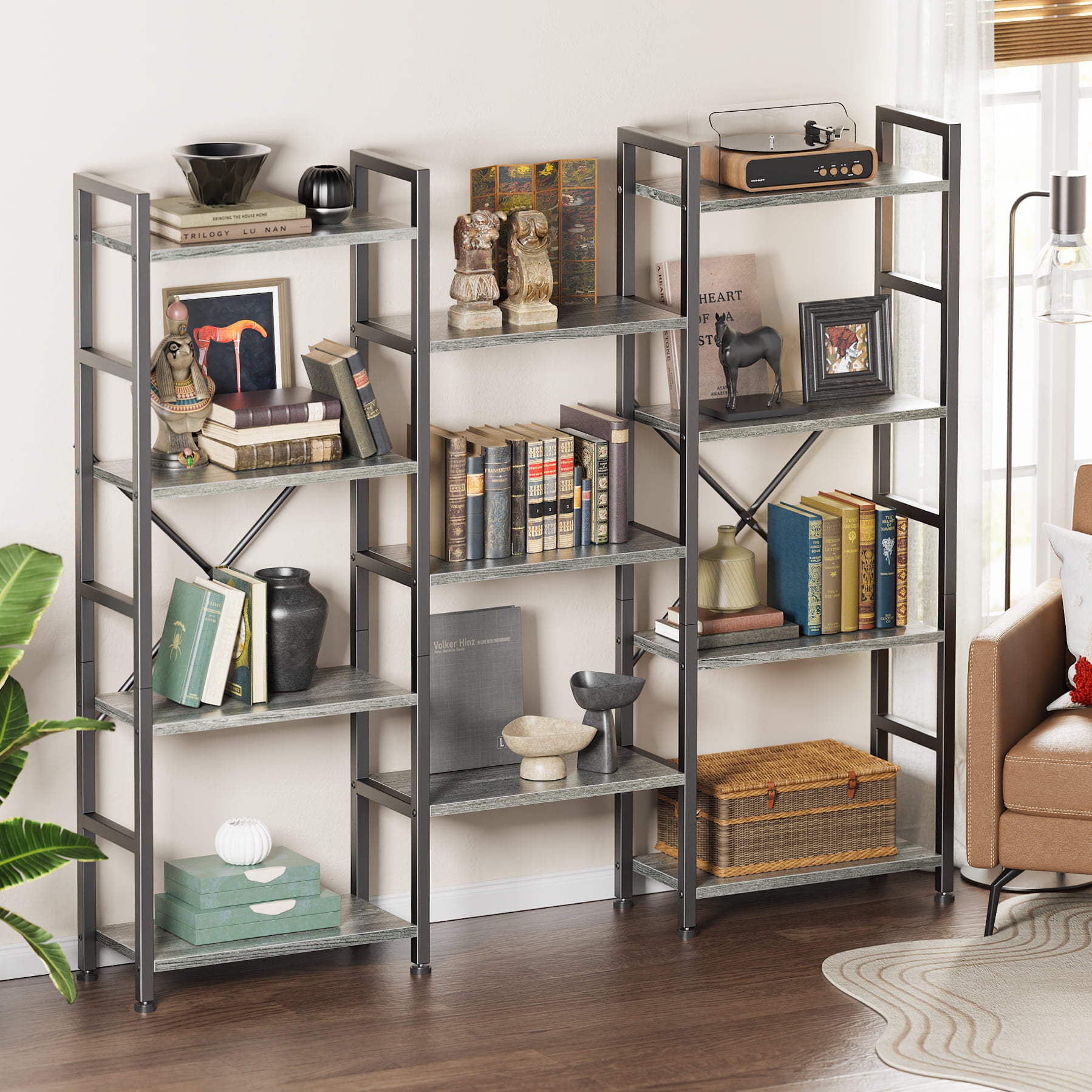 4 Tiers Industrial Bookcase and Bookshelf, Metal Wood 11 Display ...