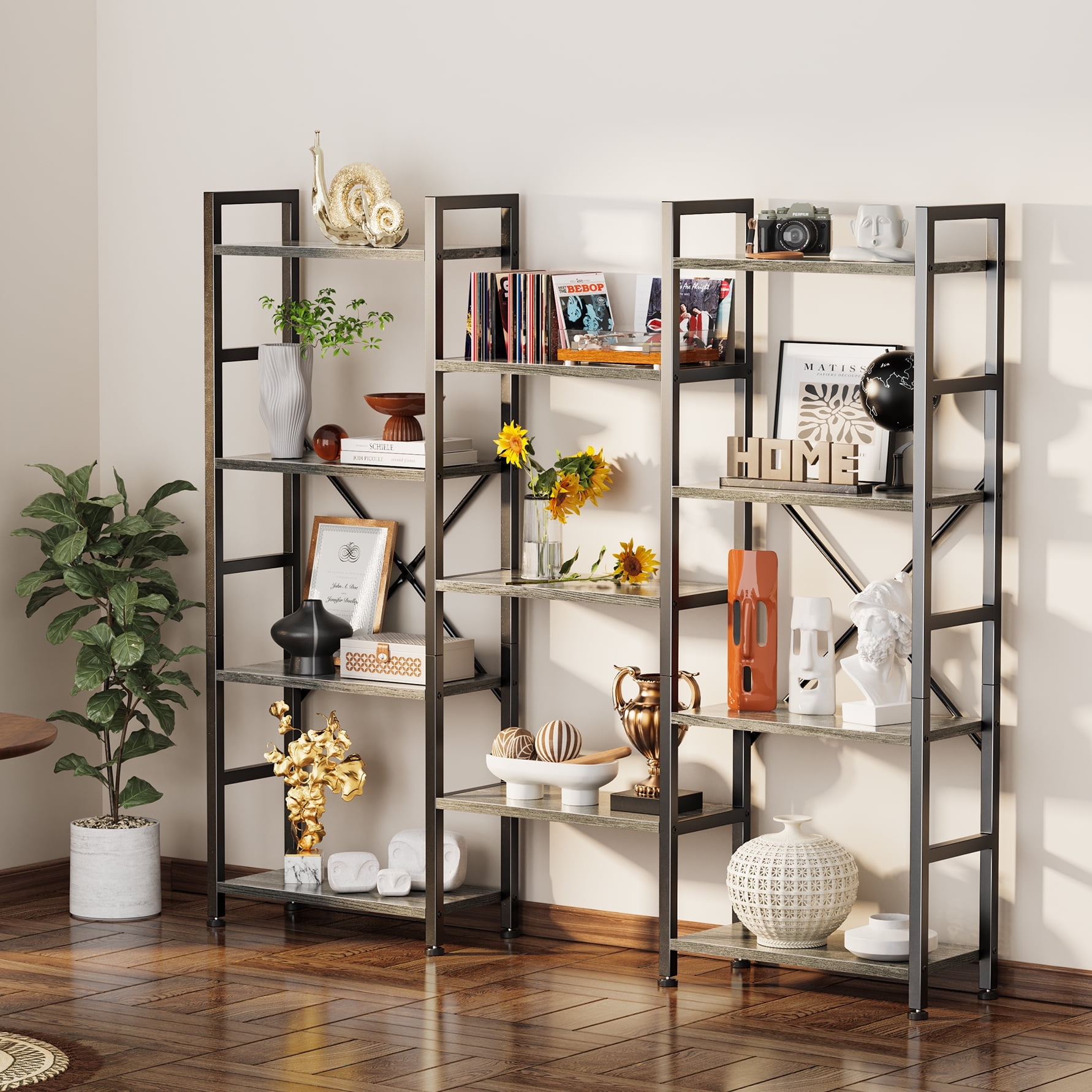 4 Tiers Industrial Bookcase and Bookshelf, Metal Wood 11 Display ...