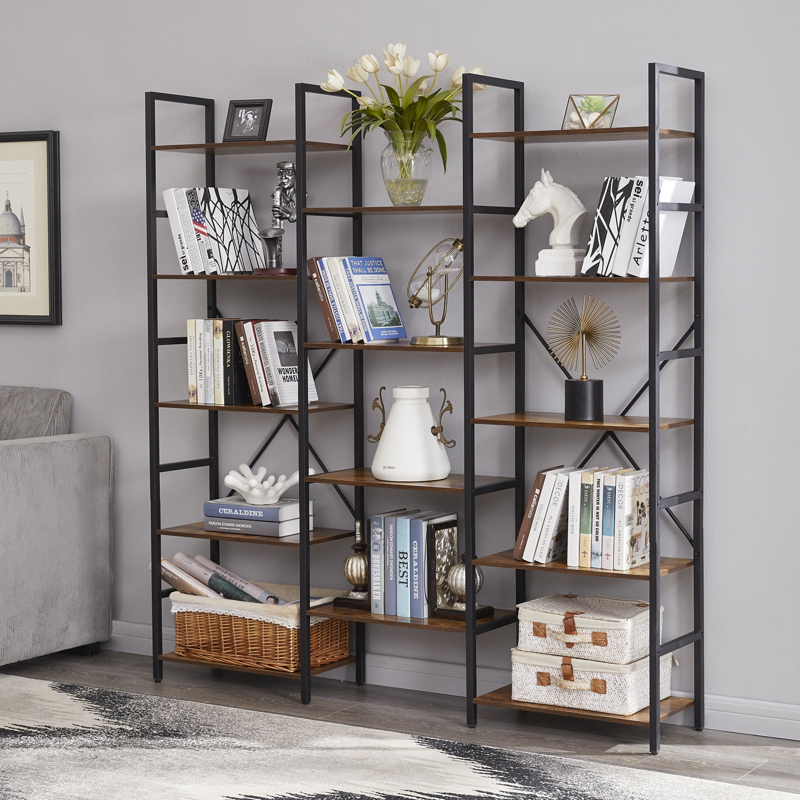 5 Tiers Industrial Bookcase and Bookshelf, Metal Wood 11 Display ...