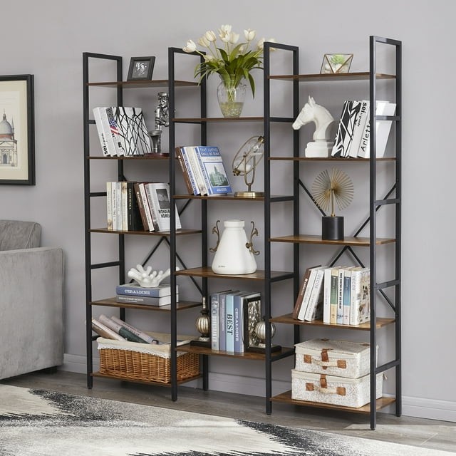 5 Tiers Industrial Bookcase and Bookshelf, Metal Wood 11 Display ...