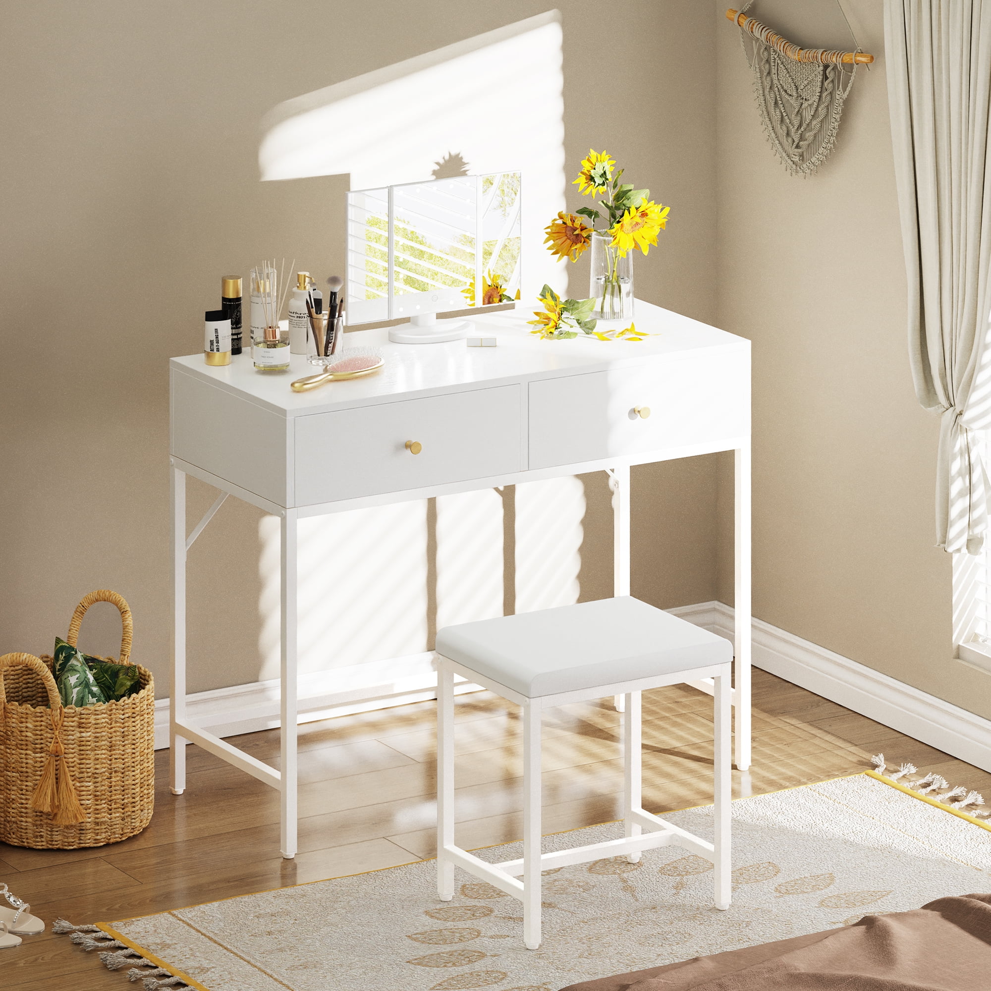 White Makeup Vanity Desk with Dressing Storage Stool, LED Tri-Fold ...