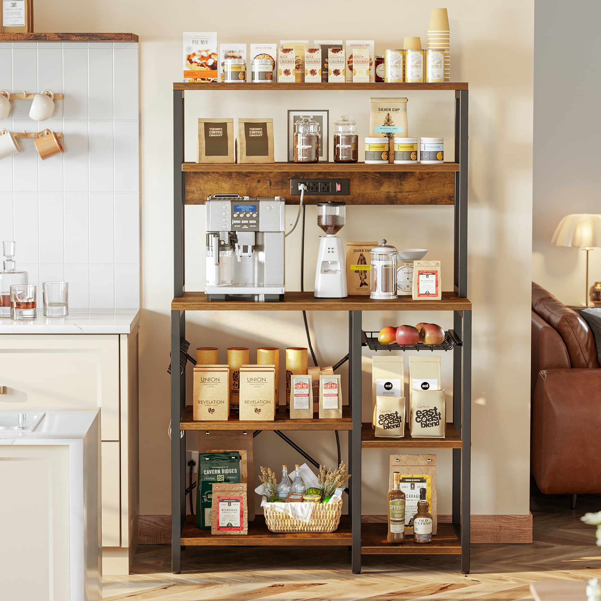 SUPERJARE Wood Furniture Bakers Rack with Power Outlet, Kitchen Coffee ...