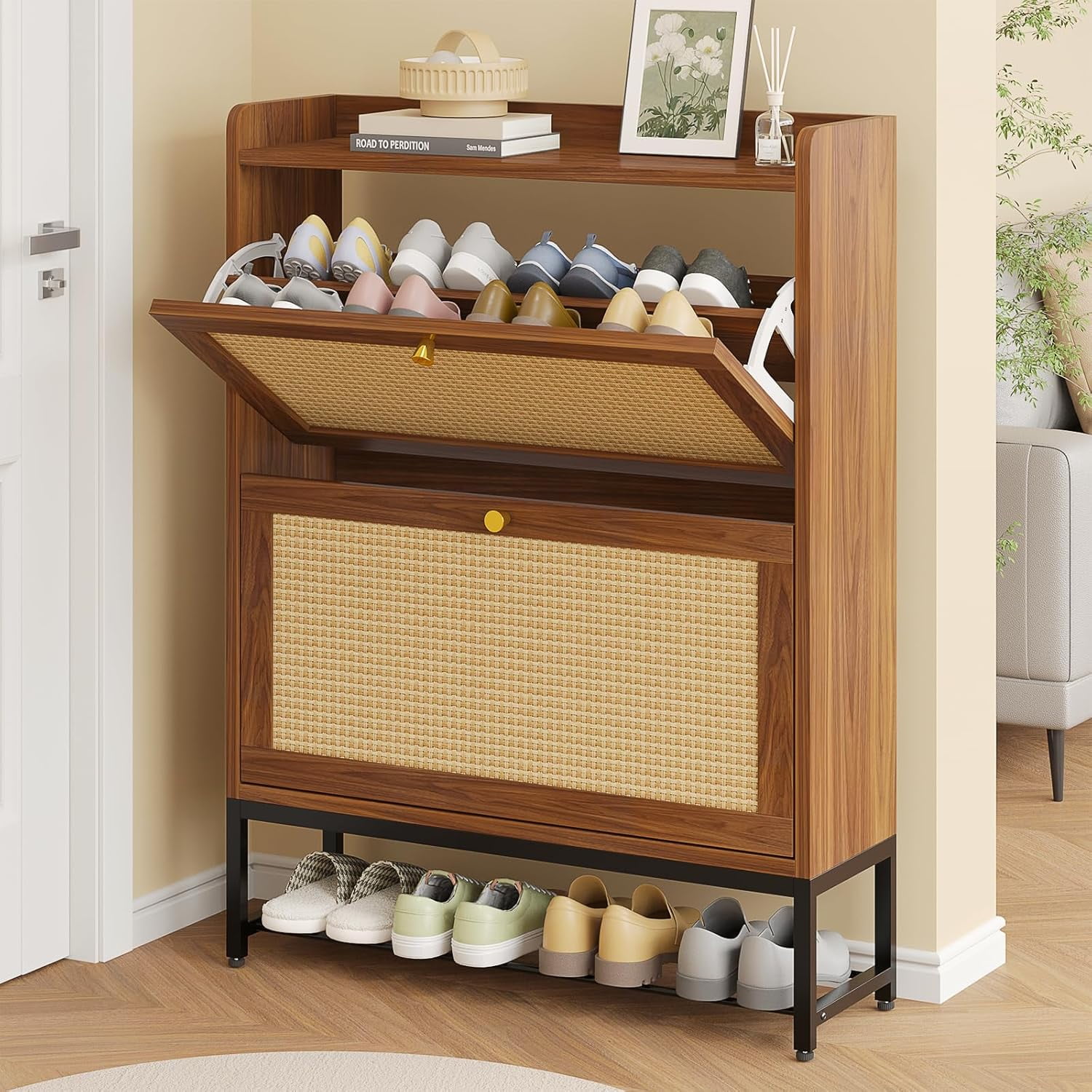 SUPERLELE Rattan Shoe Storage Cabinet, Entryway Slim Shoe Rack with 2 ...