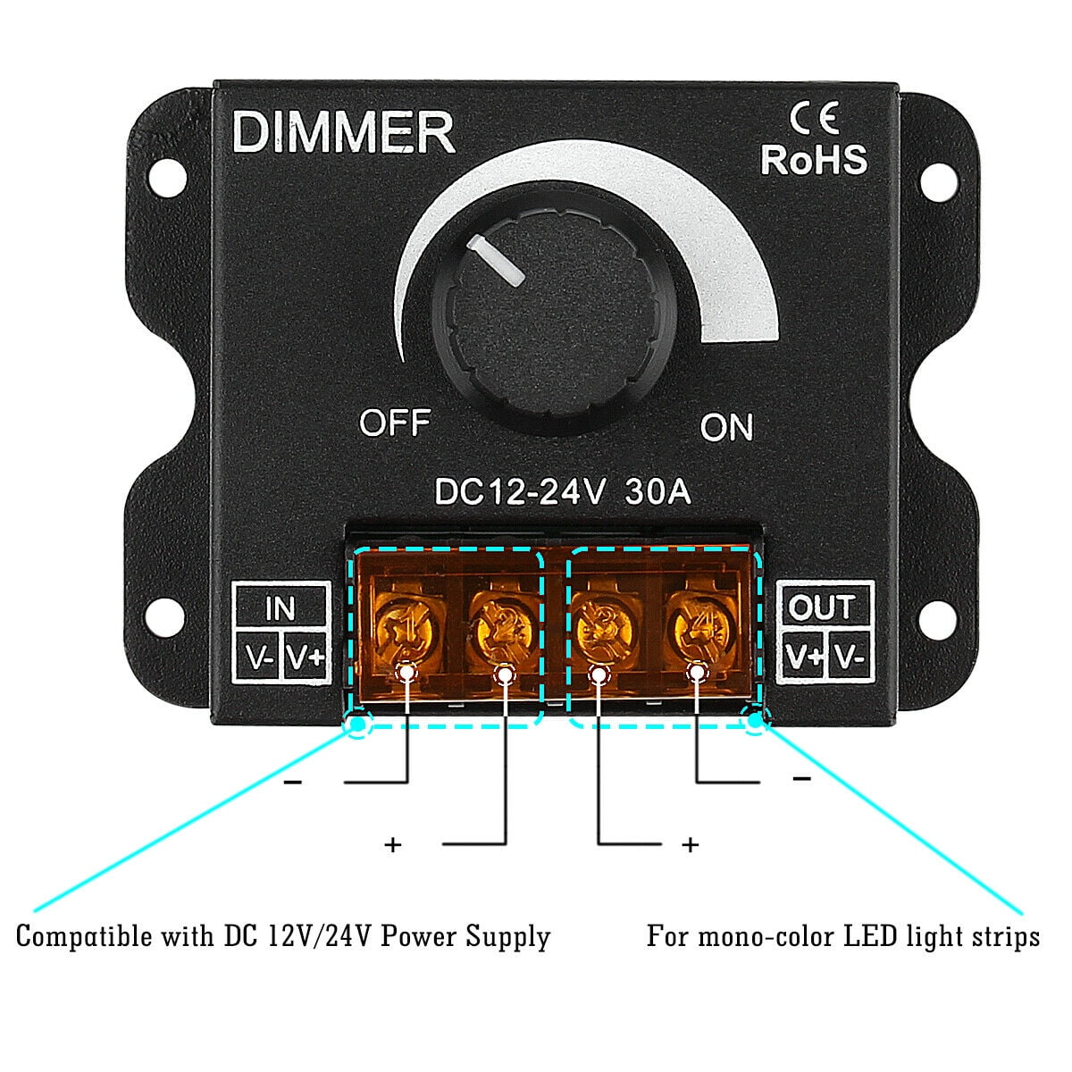 SUPERNIGHT LED Light Strip Dimmer, DC 12V-24V 30A PWM Dimming ...