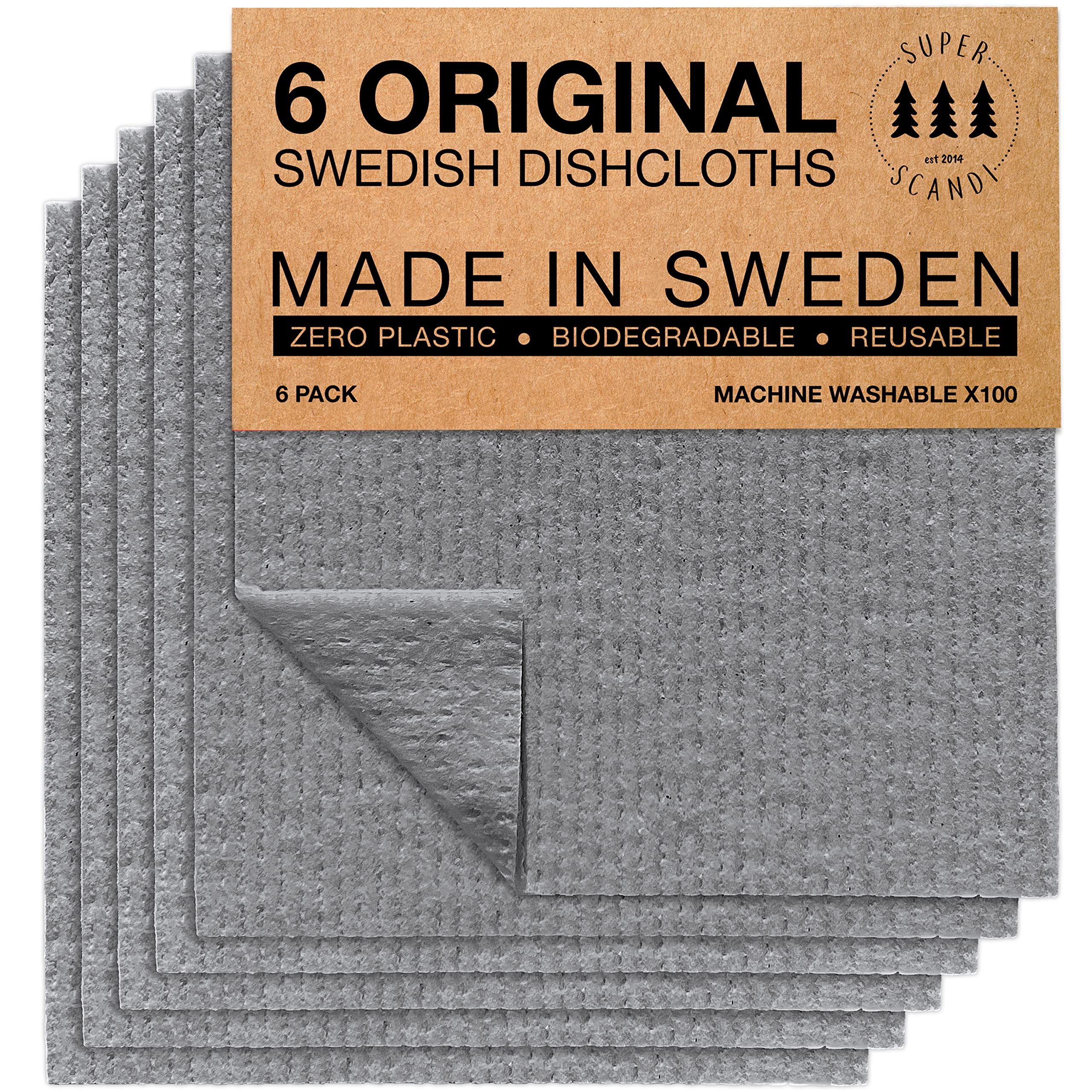 SUPERSCANDI Swedish Dishcloths for Kitchen 6 Pack of Grey Reusable ...