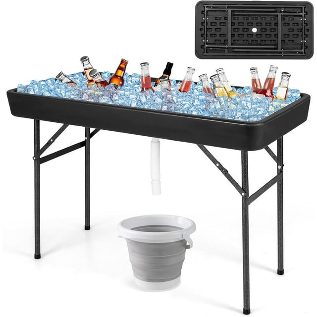 SUPQ 4 FT Folding Ice Cooler Table with Drain & Bucket, Removable Skirt ...