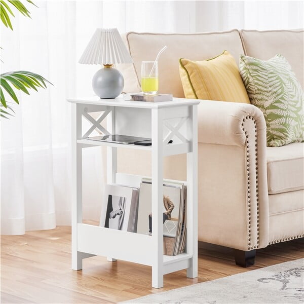 SUPQ Narrow End Table w/ Magazine Rack, 3 Tier Slim Side Table for Living Room, White, Material ...