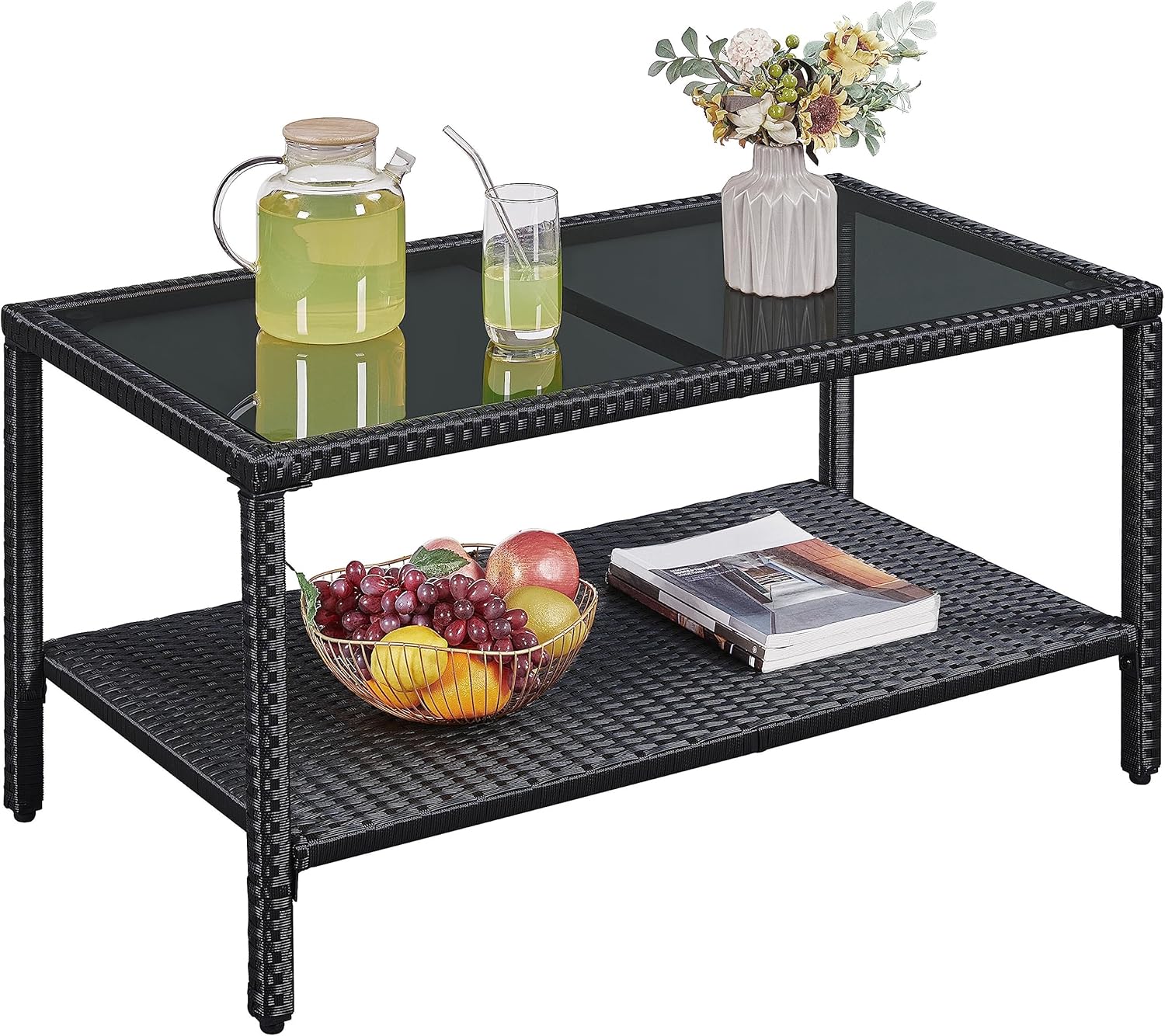 SUPQ Outdoor Coffee Side Table, All-Weather Rattan Patio Storage ...