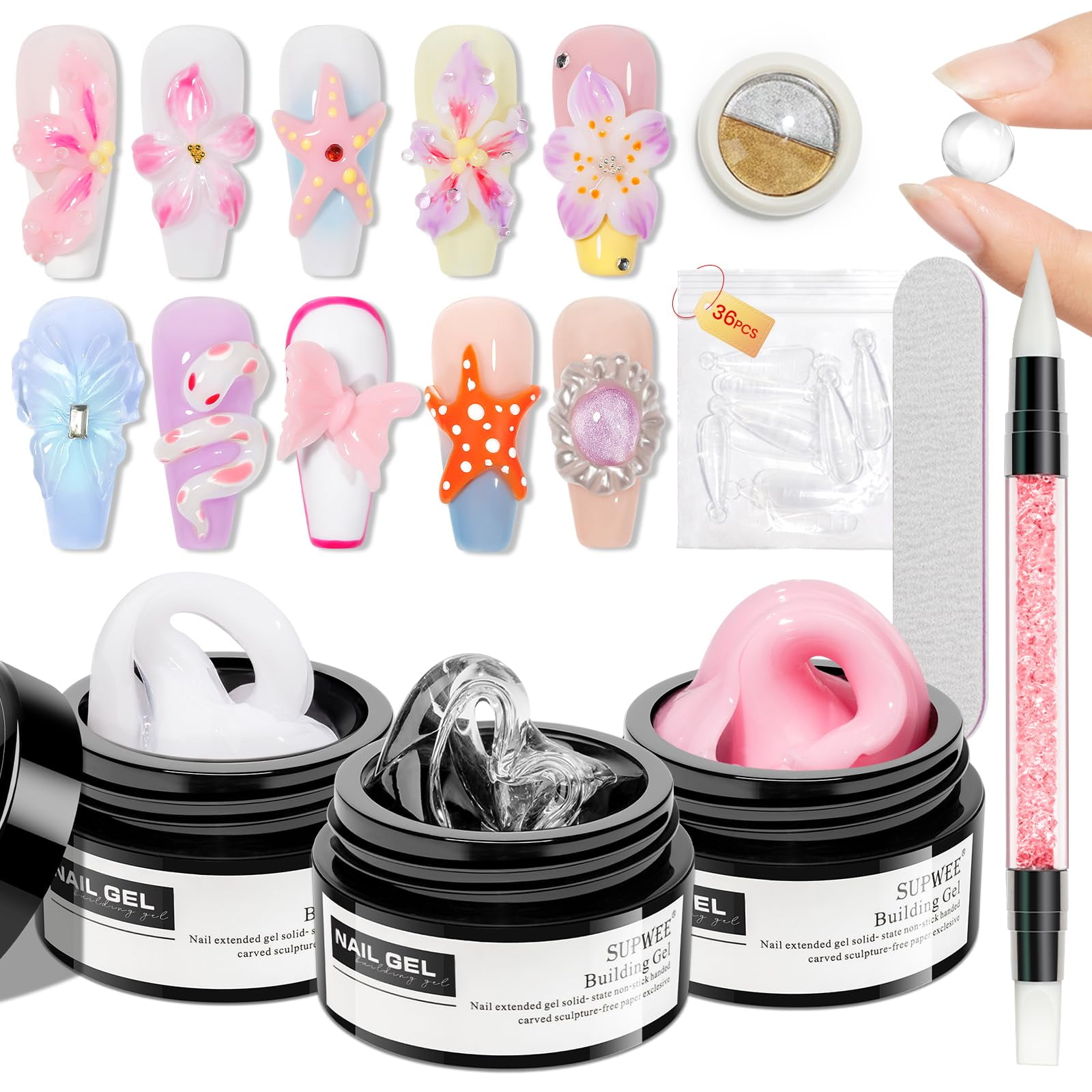SUPWEE Clear White Pink KEF28 Solid Builder Gel for Nails 3D Nail Art Sculpture Hard Gel with ...