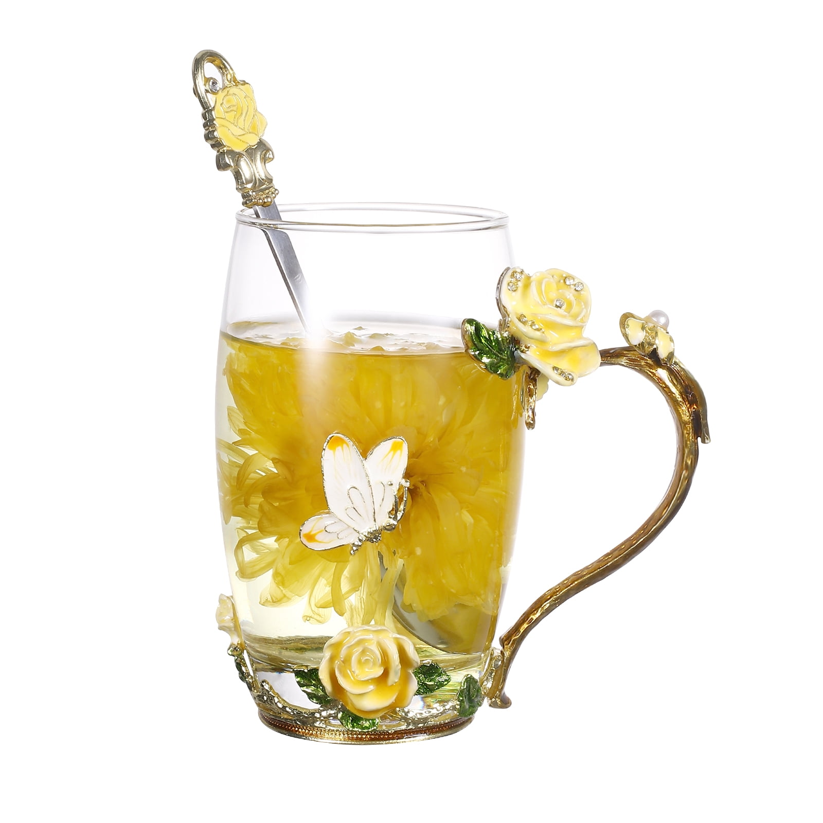 SUQ I OME Enamel Rose Butterfly Flower Glass Tea Cup, Perfect Gift for ...