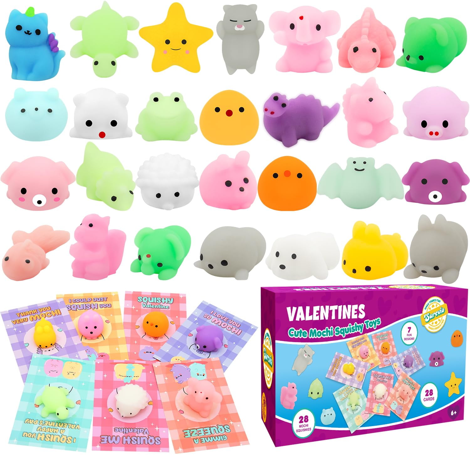 SURCVIO 28 Pack Valentines Day Gift Cards for with Animal Squishy Toy ...
