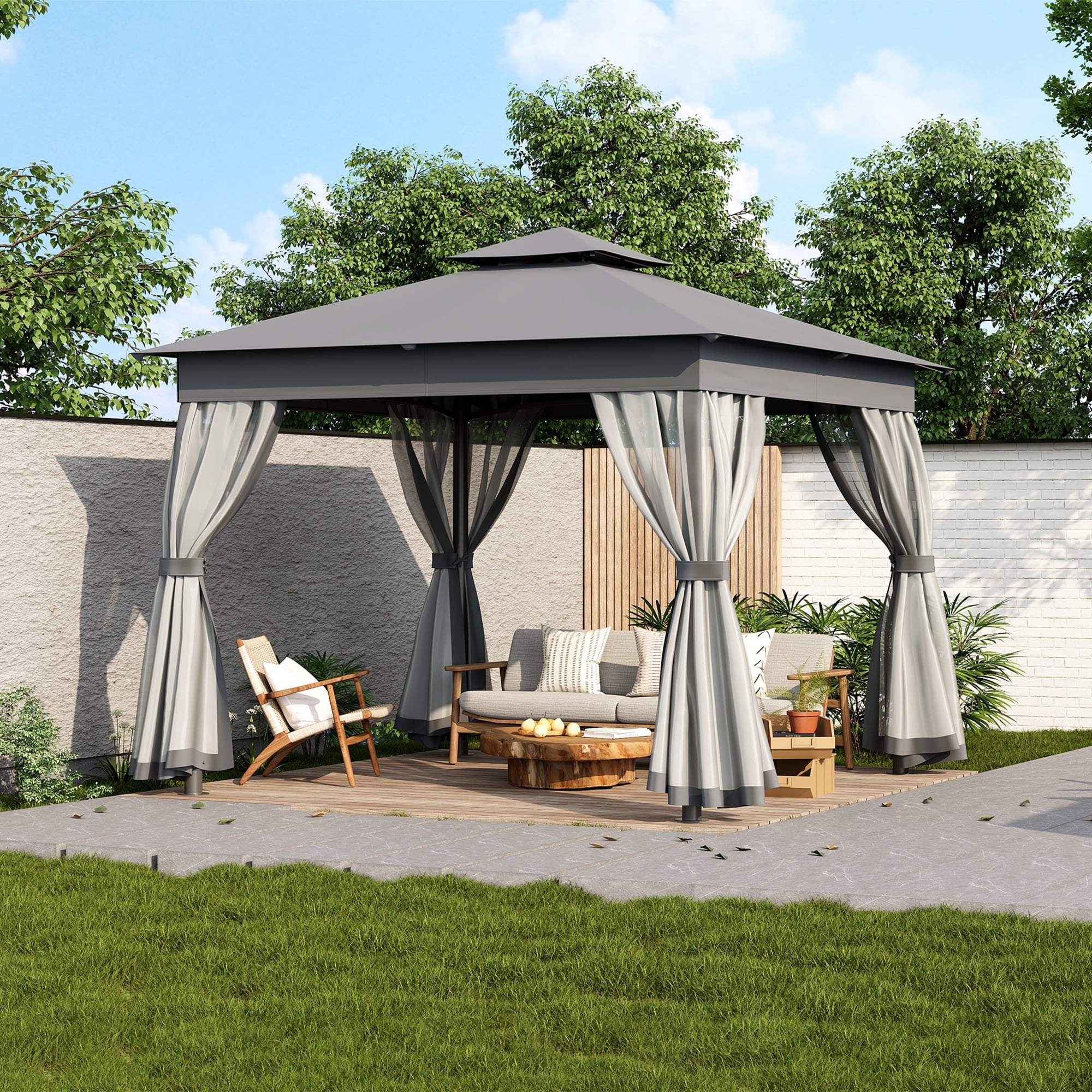 SUREGO 10x10ft Outdoor Gazebo with Double Roof & Mosquito Netting ...
