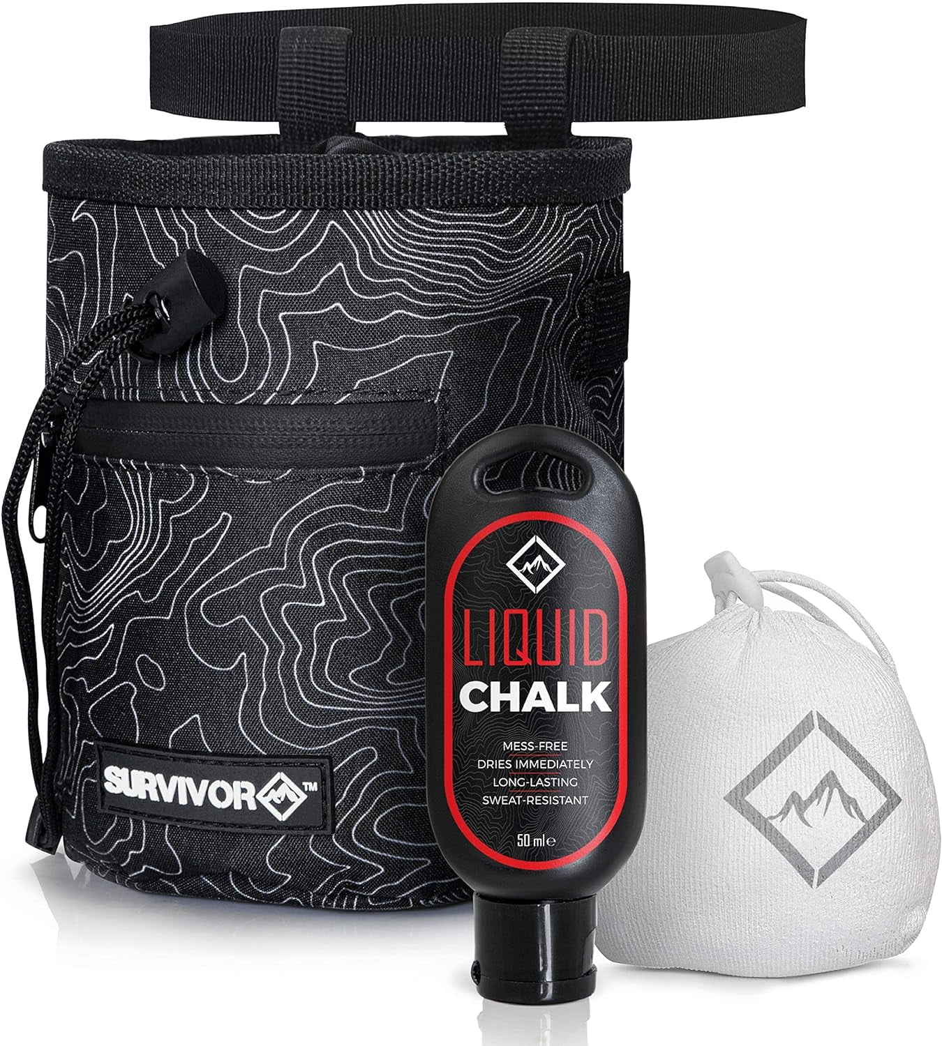 SURVIVOR Chalk Bag + Refillable Chalk Ball + Liquid Chalk - Black Chalk ...