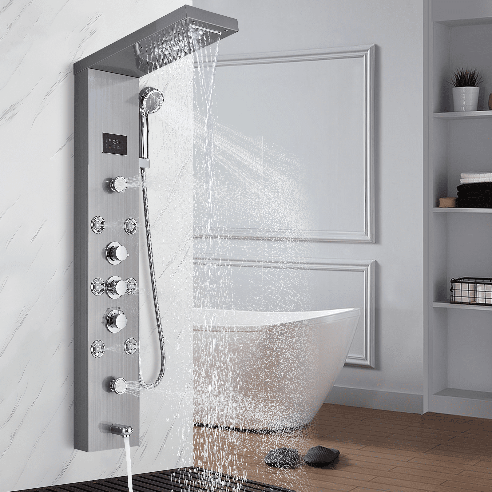 SUS Shower Panel Tower LED Rain Waterfall Massage Body System Mixer Tap ...