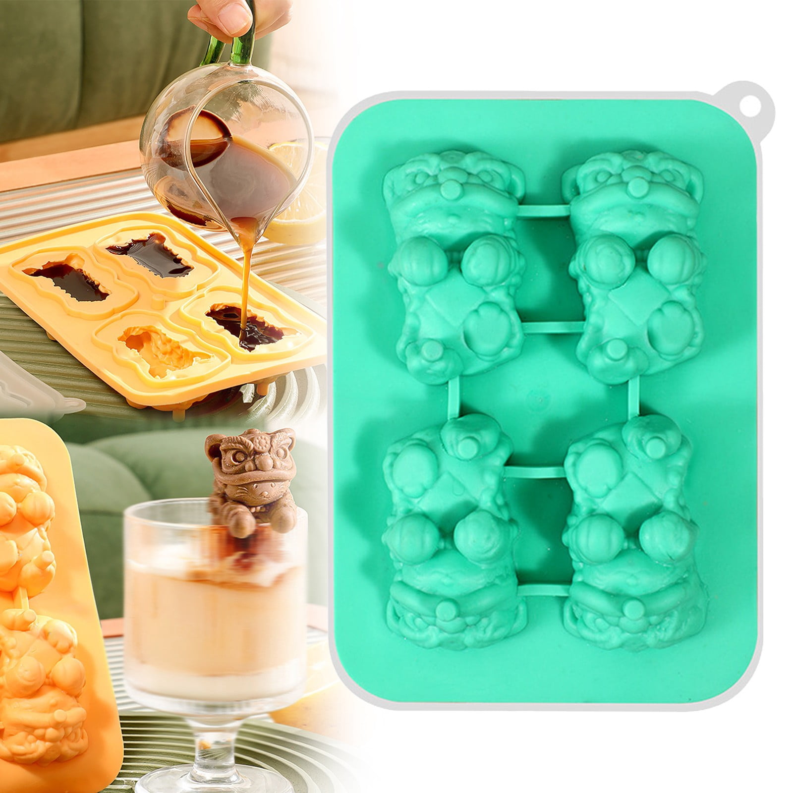 SUSHANG 4-Grid Chinese Lion-Shaped Ice Cube Mold, Cute 3D Flexible ...