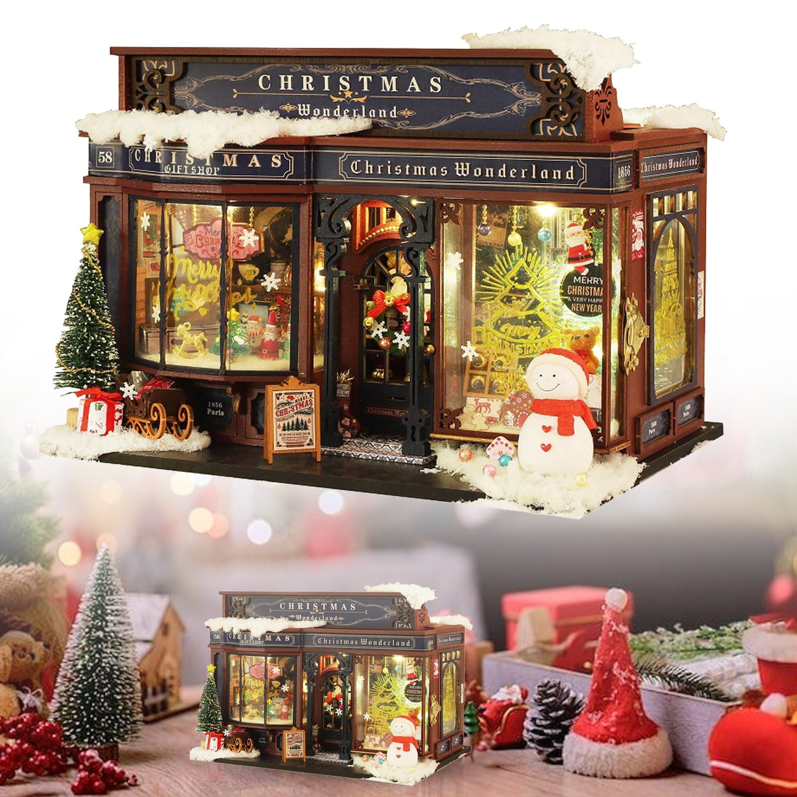 SUSHANG DIY Christmas Theme Miniature House Kit with Furniture and LED ...