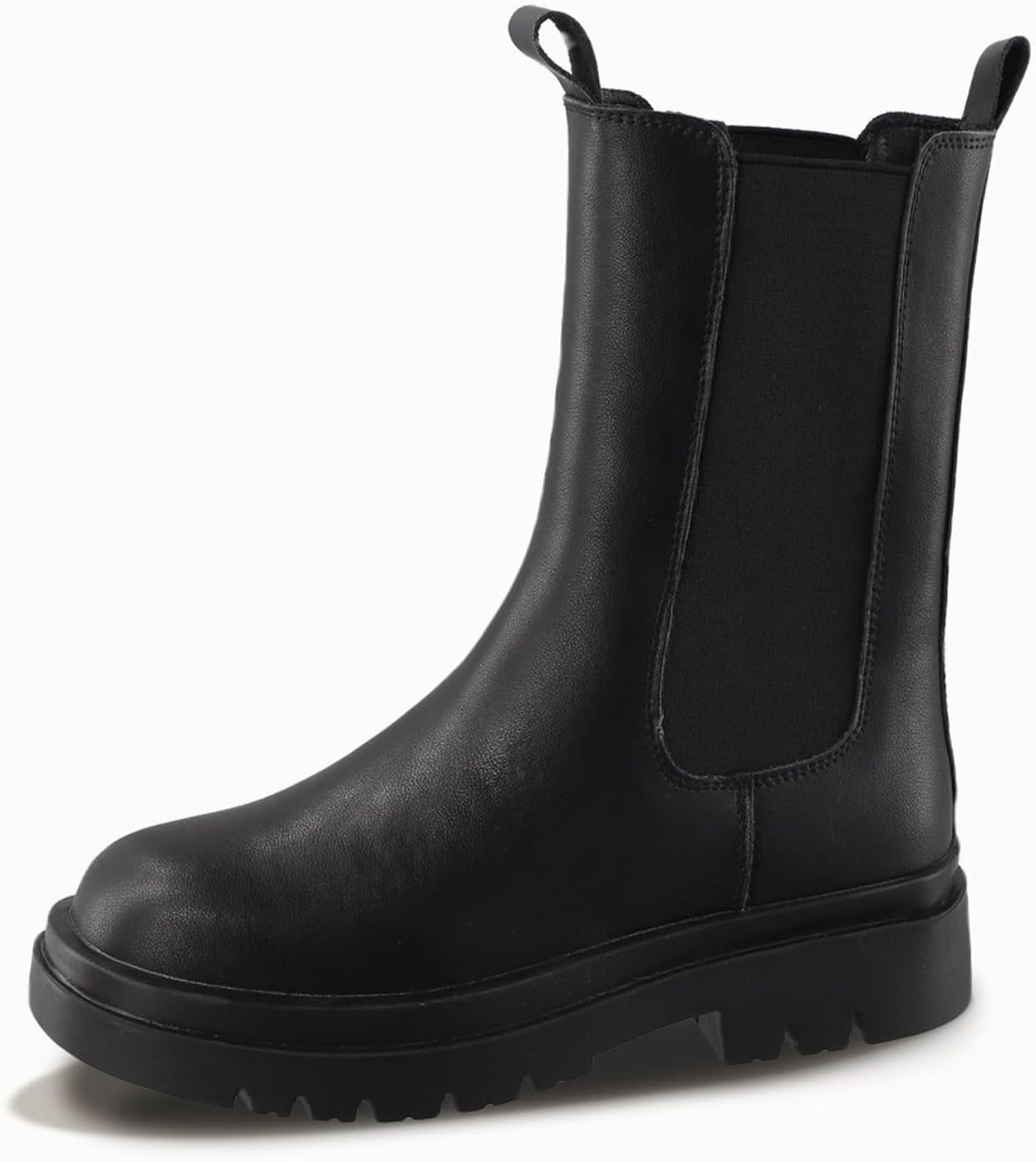SUSIELADY Platform Chelsea Boots, Mid-Calf Combat Style, Black Leather ...