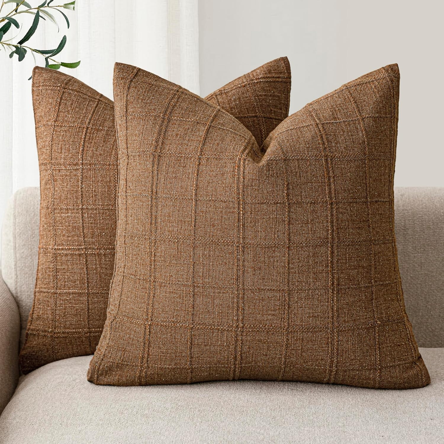 SUSIELADY Set of 2 Decorative Linen Check Throw Pillow Covers, 18×18 ...
