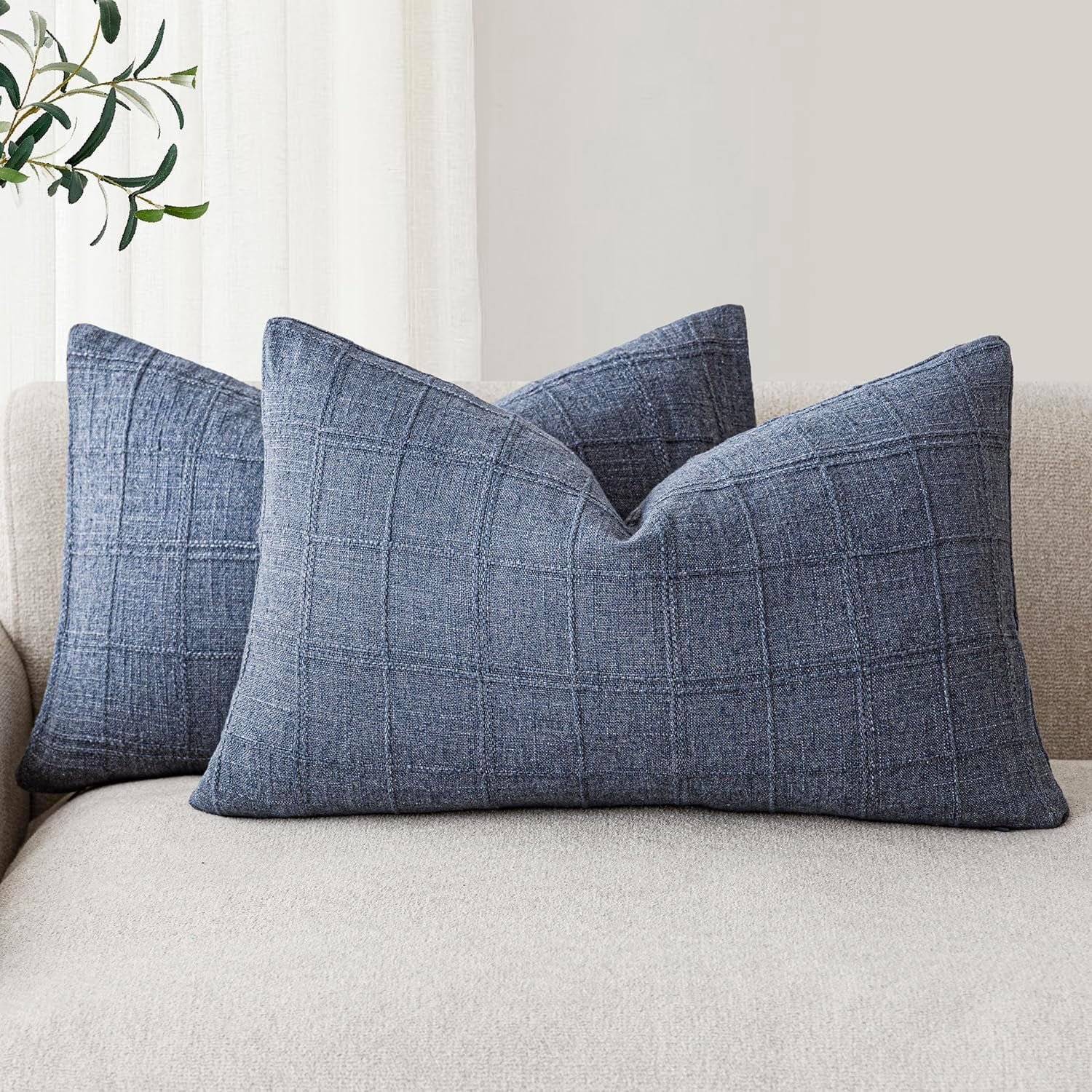 SUSIELADY Set of 2 Decorative Linen Check Throw Pillow Covers, 20×12 ...