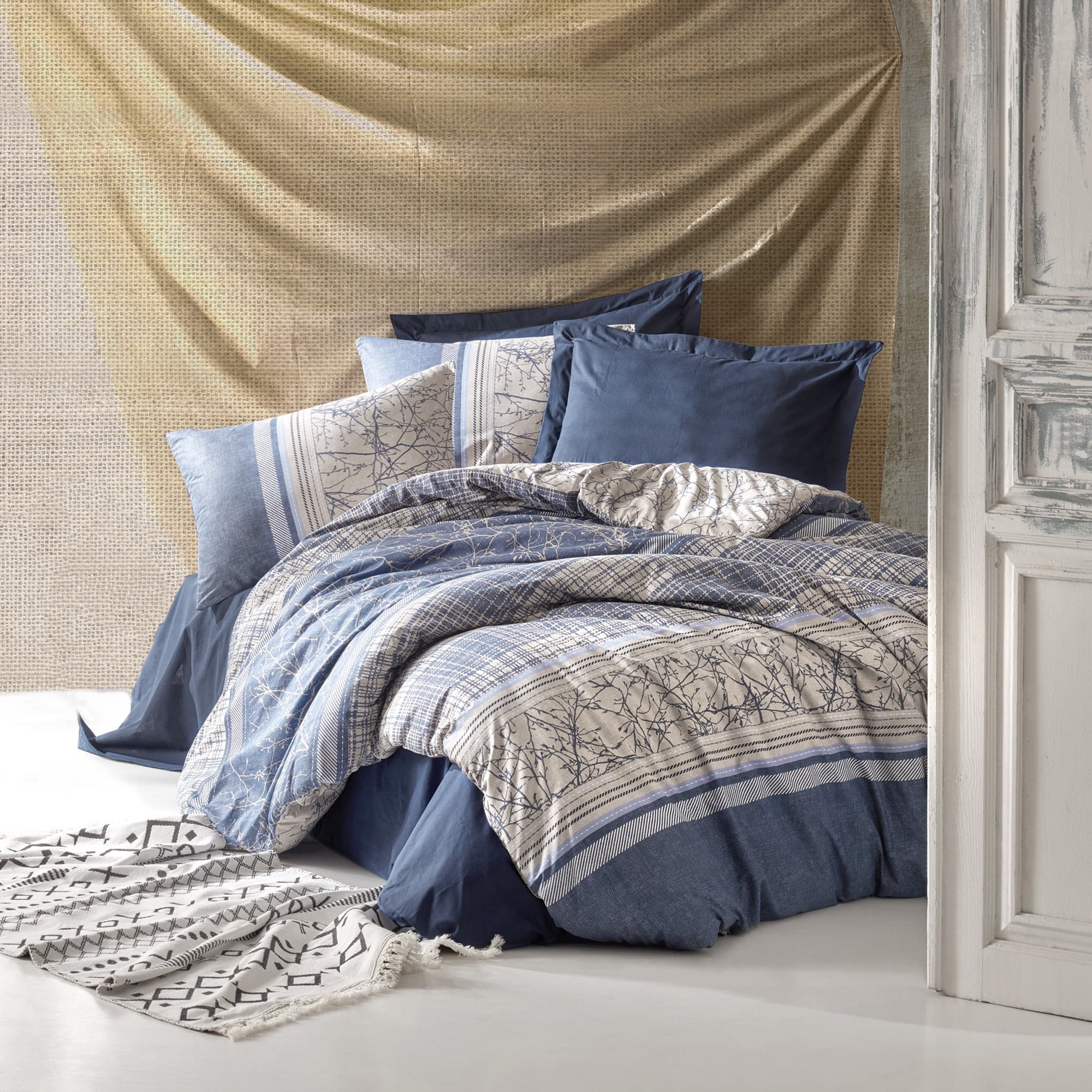 SUSSEXHOME Queen Set, Blue Turkish Cotton Duvet, Sheet, 2 Pillowcases ...