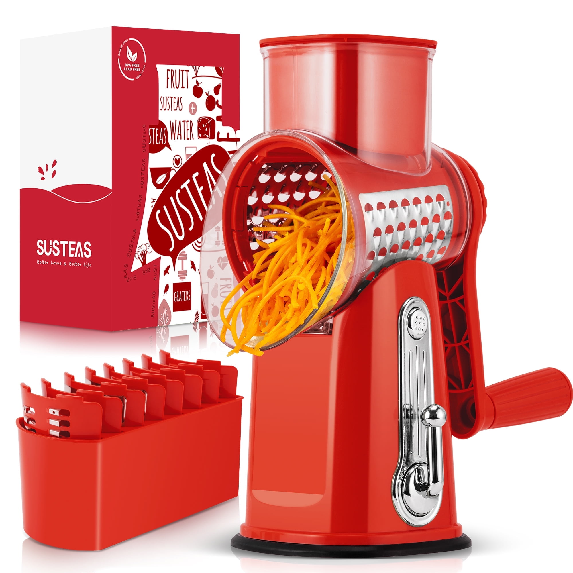 SUSTEAS Rotary Cheese Grater with Handle - Food Shredder with 5 Well ...