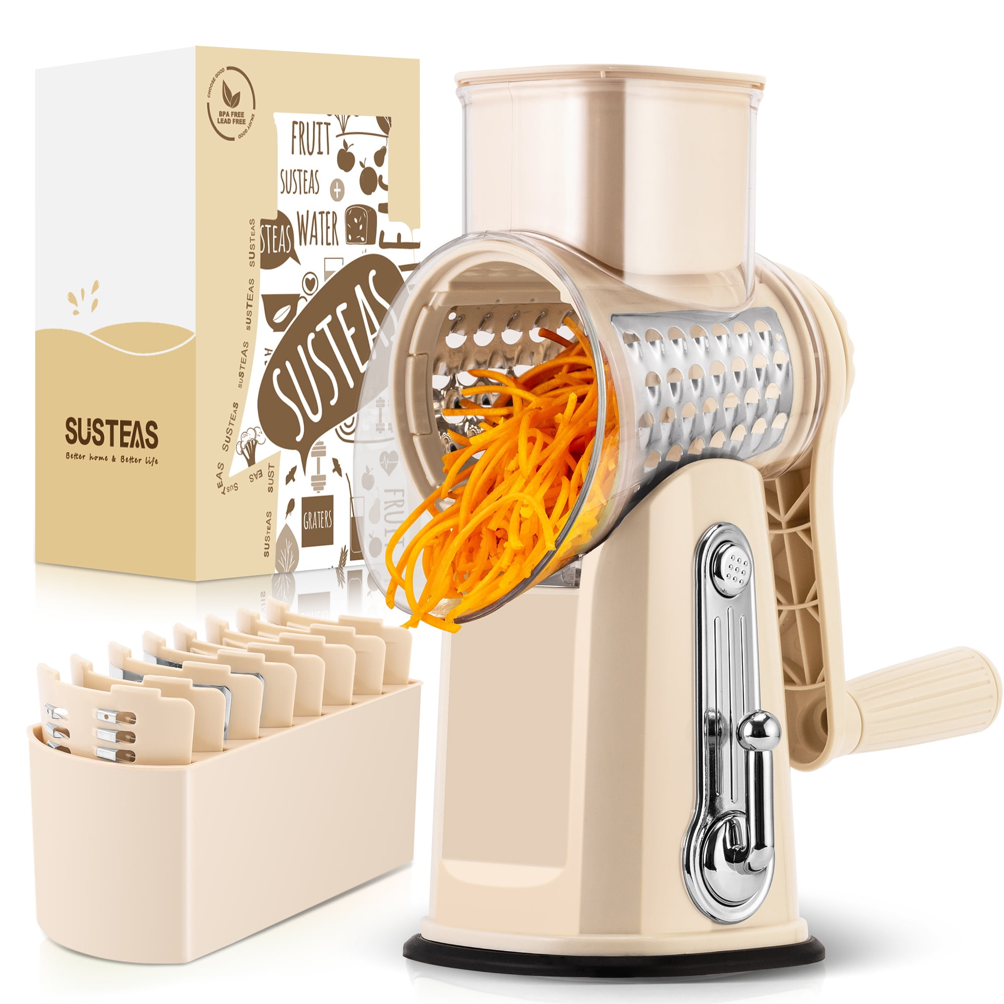 SUSTEAS Rotary Cheese Grater - Manual Food Shredder with 5 Blades ...