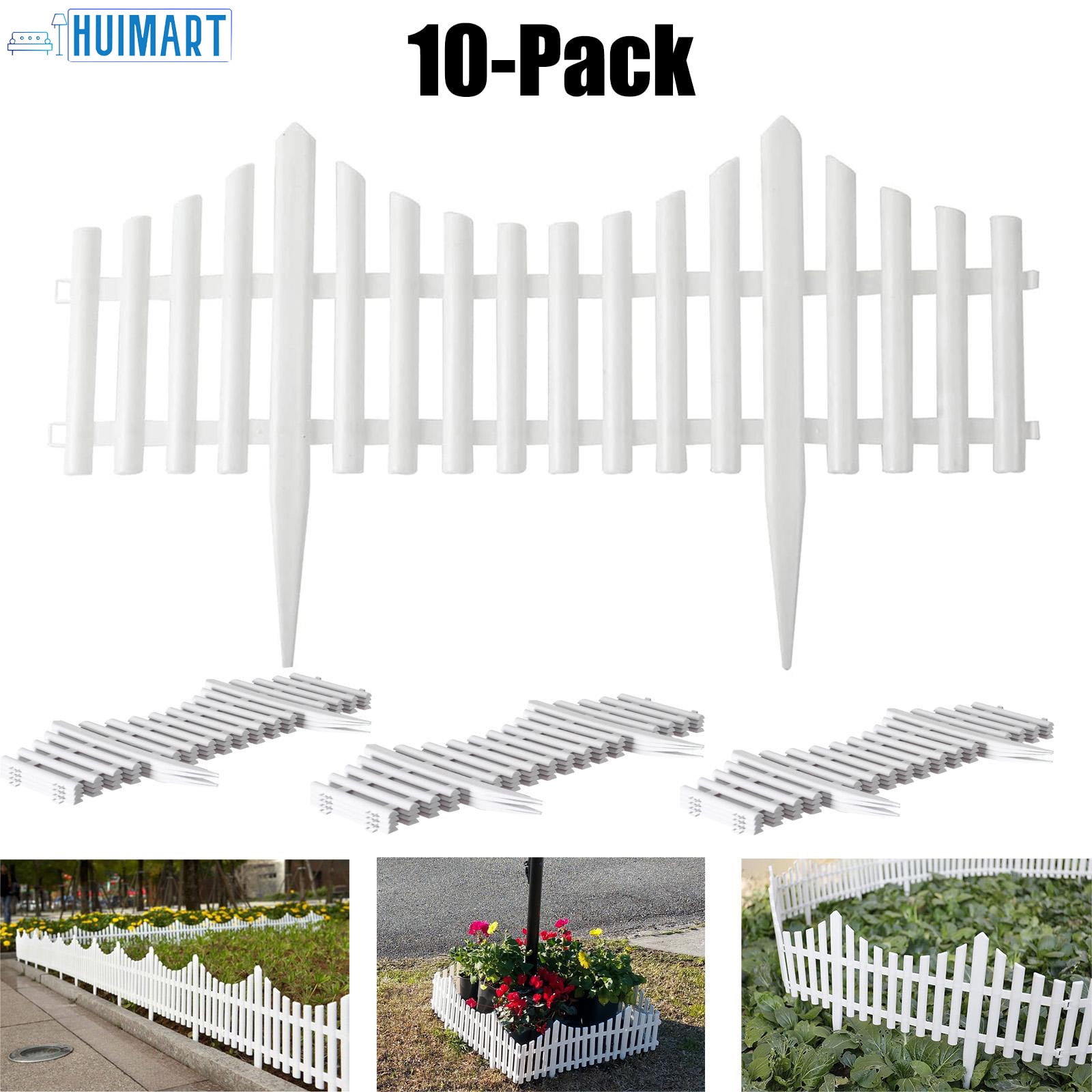 HUIMART White Picket Fence, 12-Panel, Plastic Garden Edging, 13in Tall ...