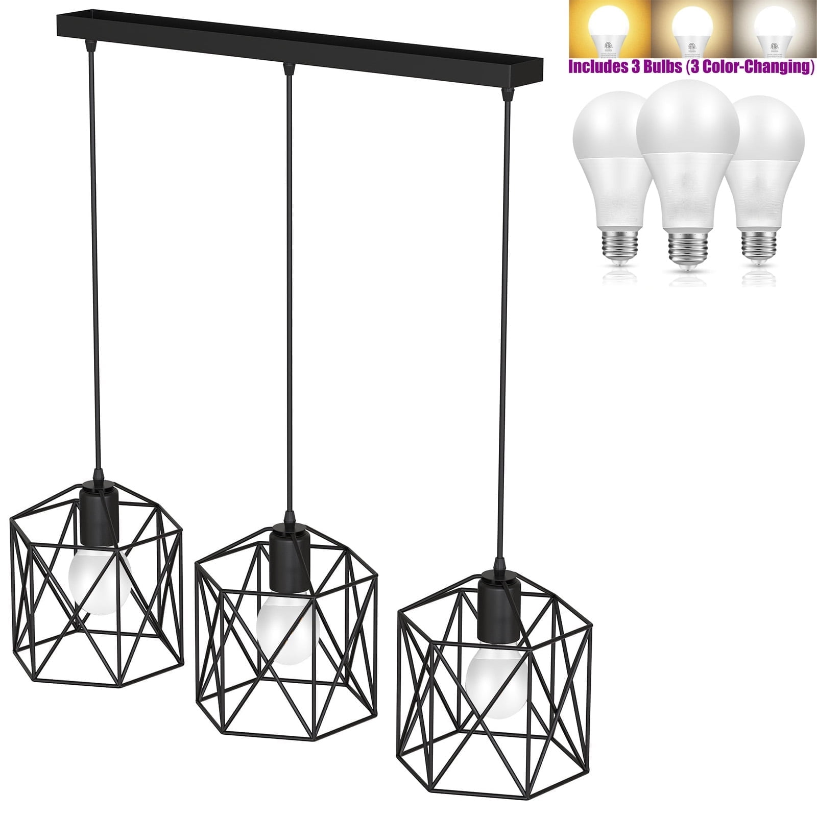 SUSUZI 3-Light Pendant Light Fixtures, Black Pendant Lights Kitchen ...