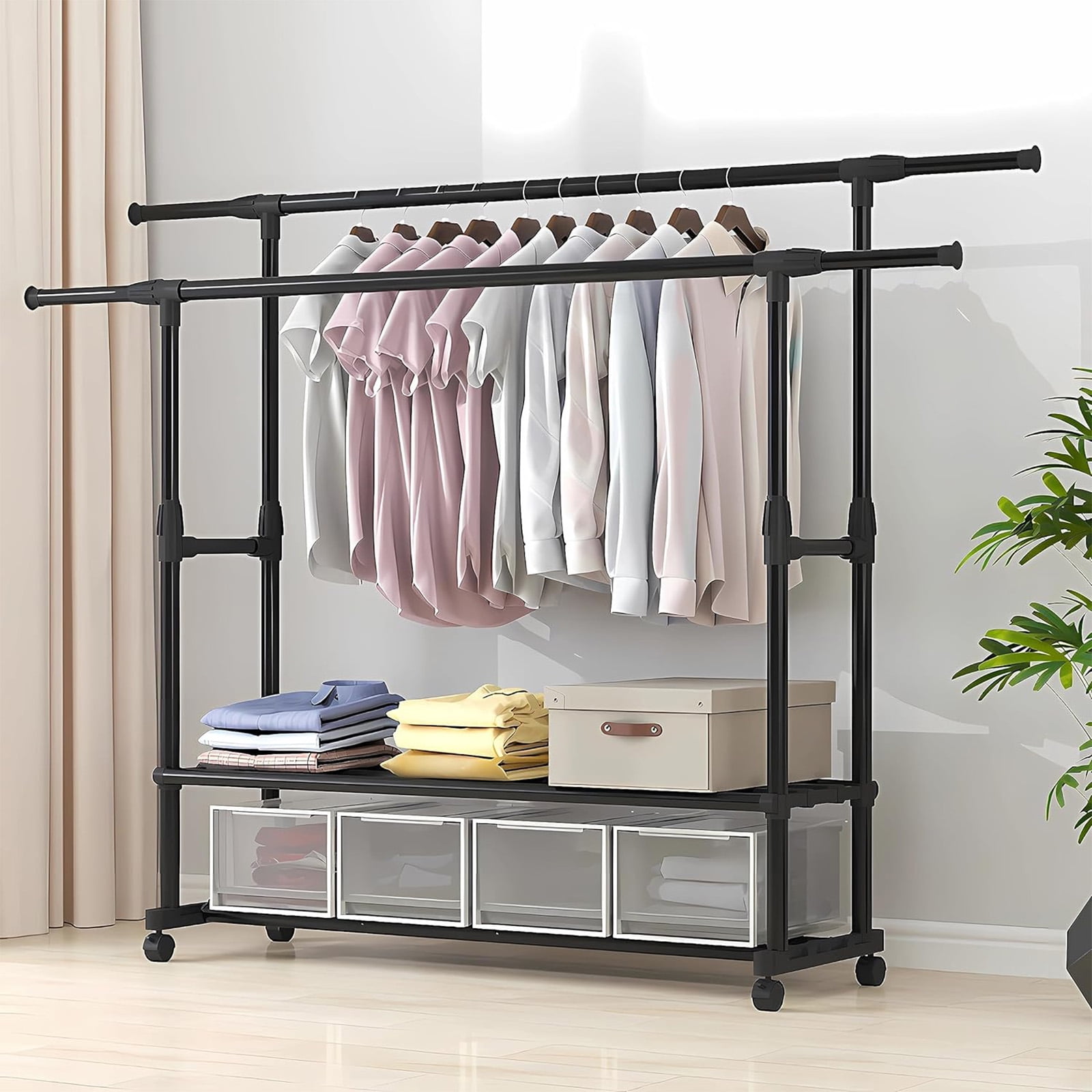 SUSUZI Double Rod Clothing Garment Rack, Rolling Clothes Organizer on ...