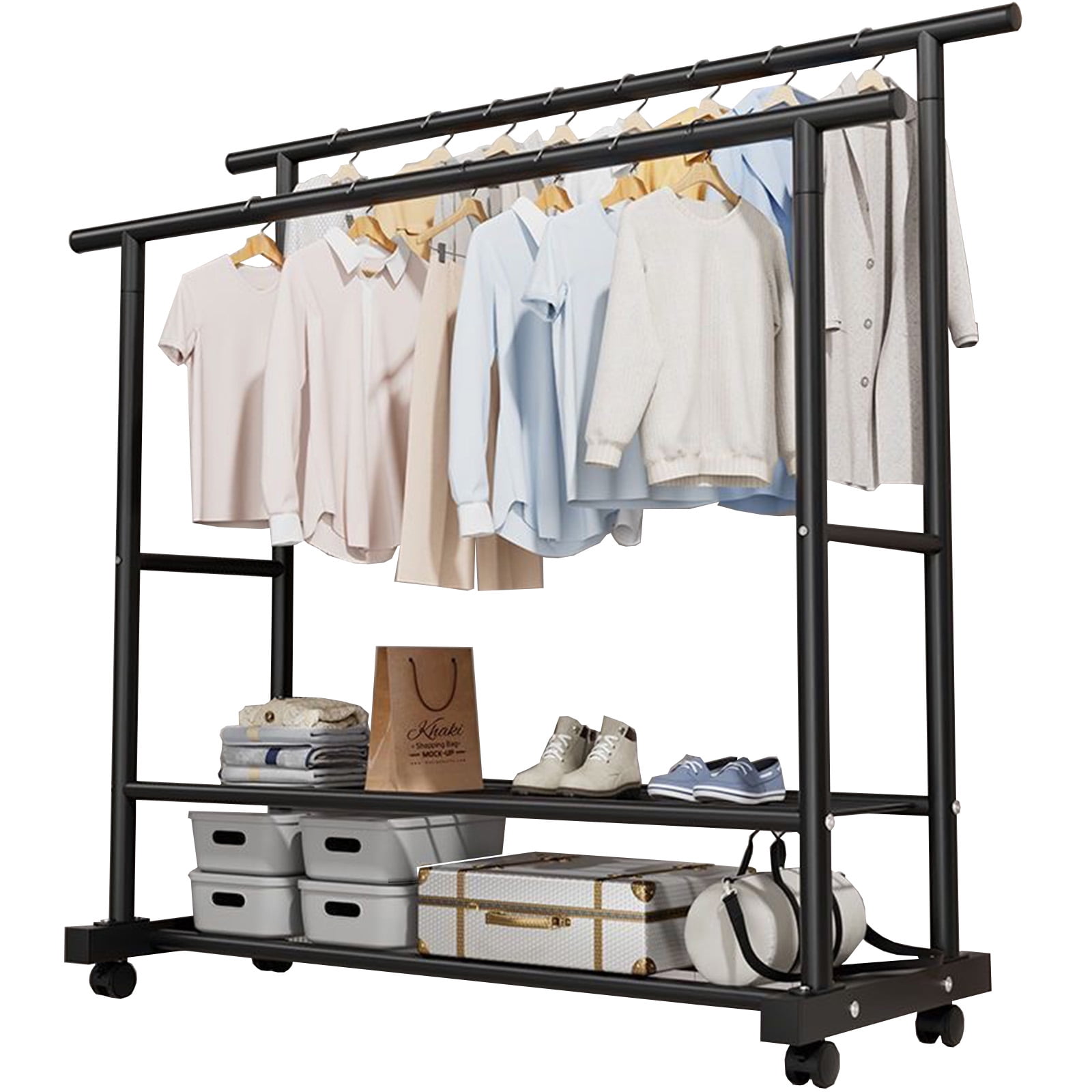 SUSUZI Double Rods Garment Rack with Wheels, 2 Tier Clothing Rack for ...